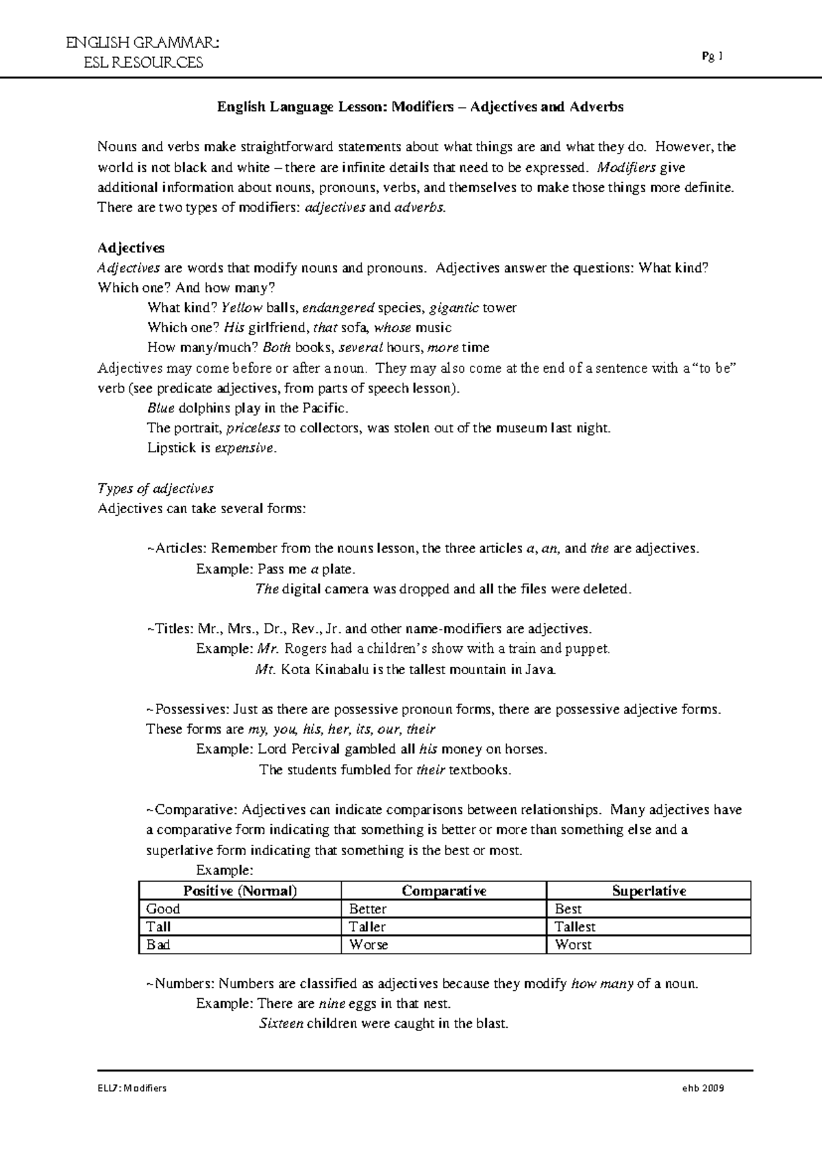 Modifiers - Grammar - Pg 1 English Language Lesson: Modifiers ...