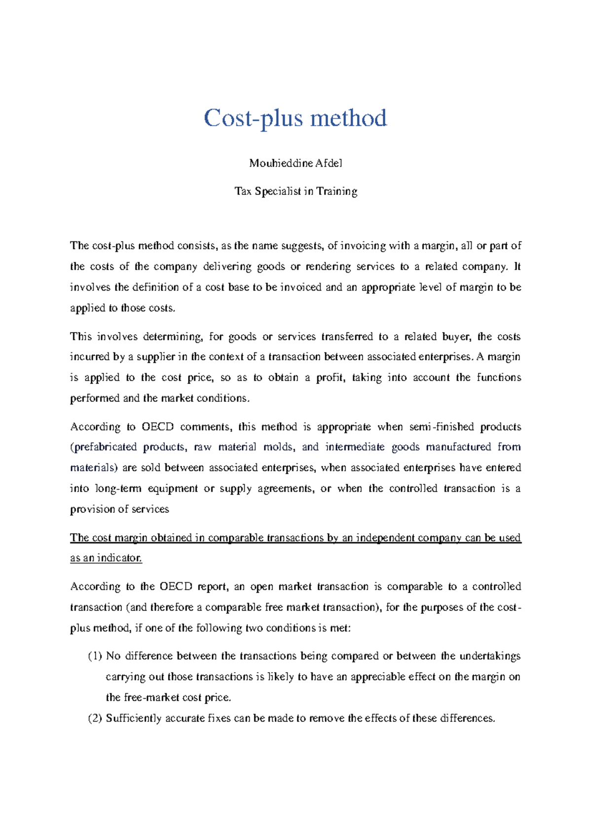 Cost Plus - Transfert price - Cost-plus method Mouhieddine Afdel Tax ...