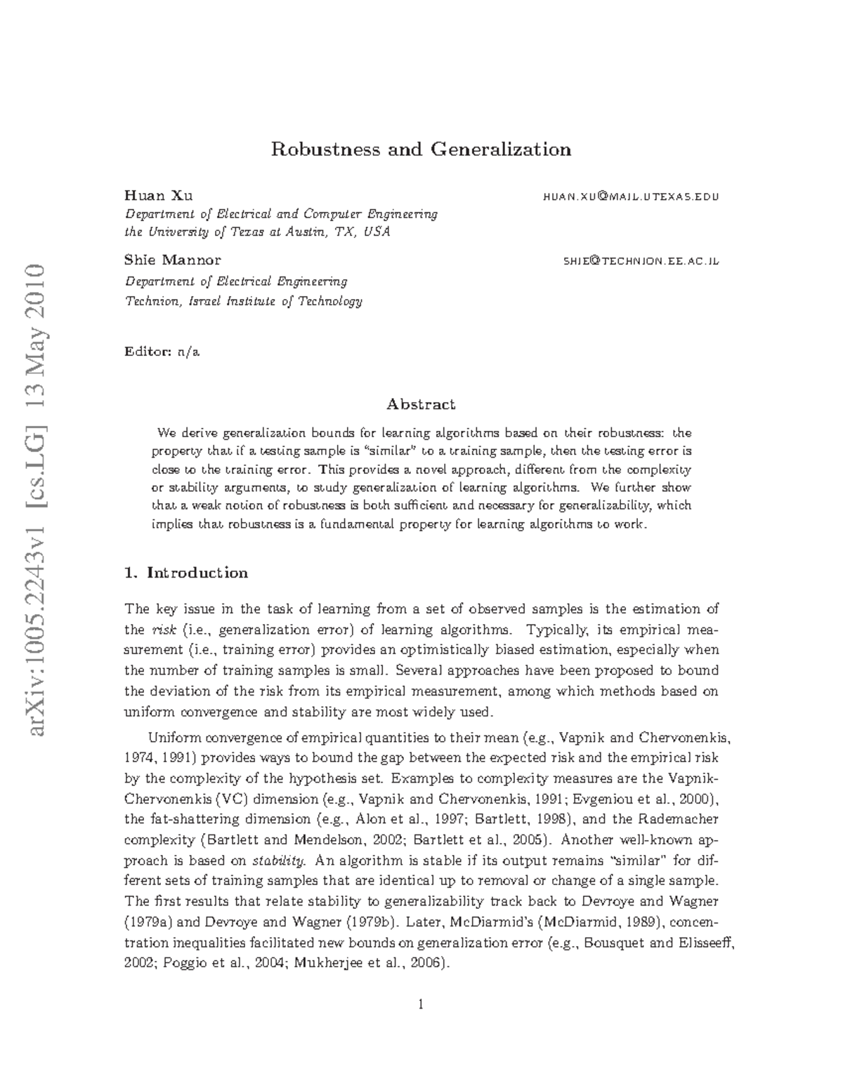 Robustness and generalization - arXiv:1005 [cs] 13 May 2010 Robustness and Generalization Huan ...