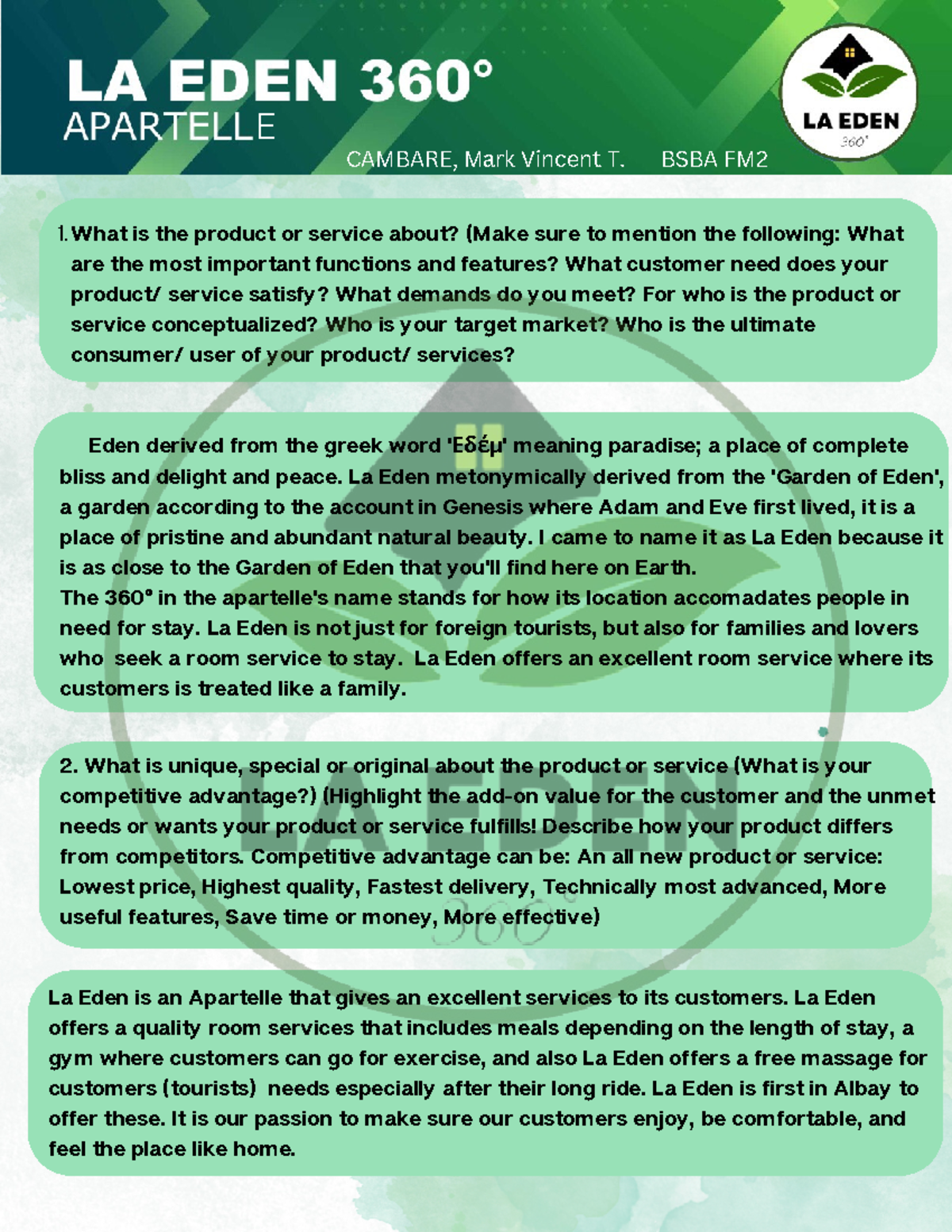 La Eden - exam - What is the product or service about? (Make sure to ...