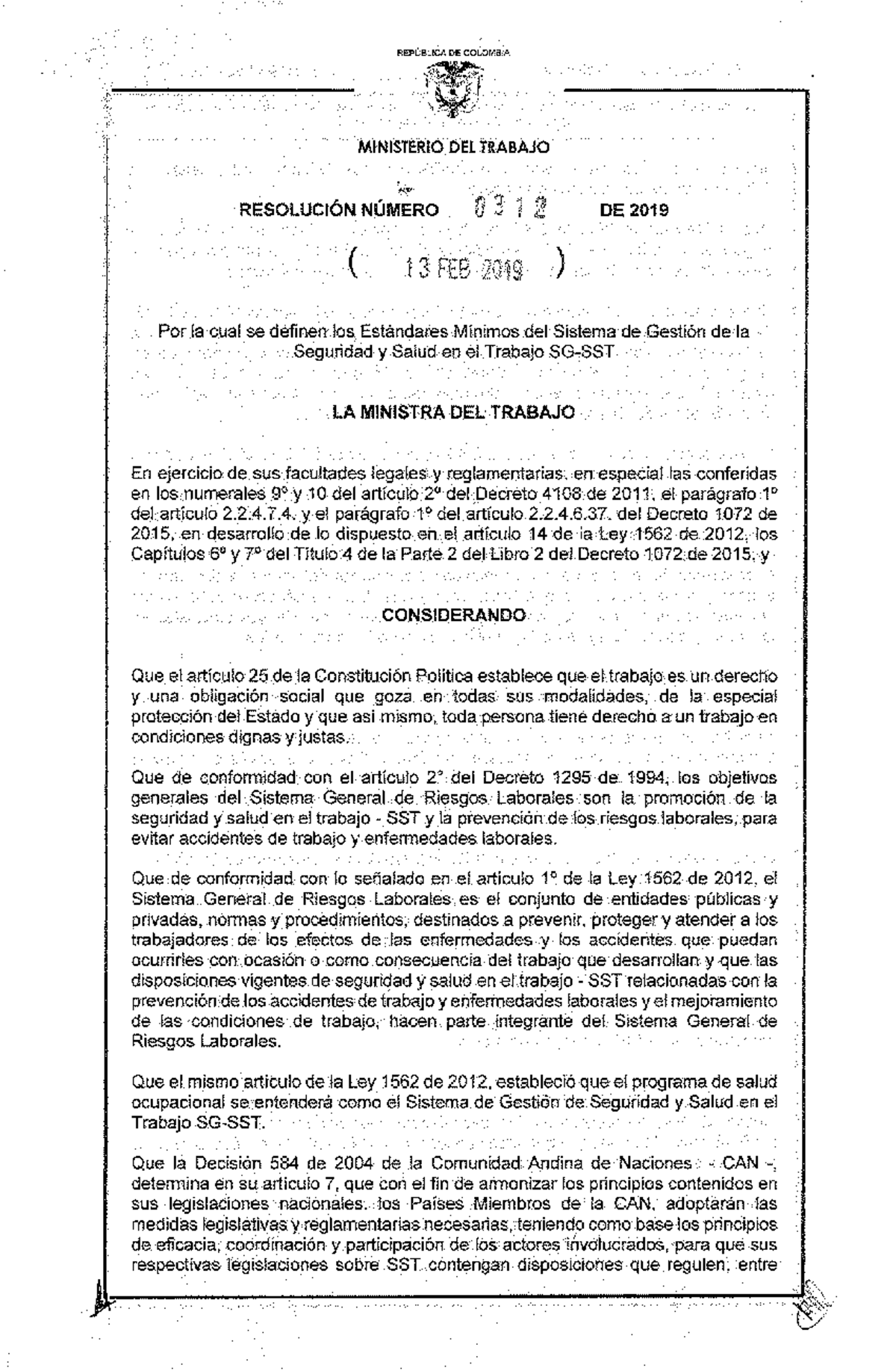 Resolucion 0312-2019- Estandares minimos del Sistema de la Seguridad y Salud - Organización del ...