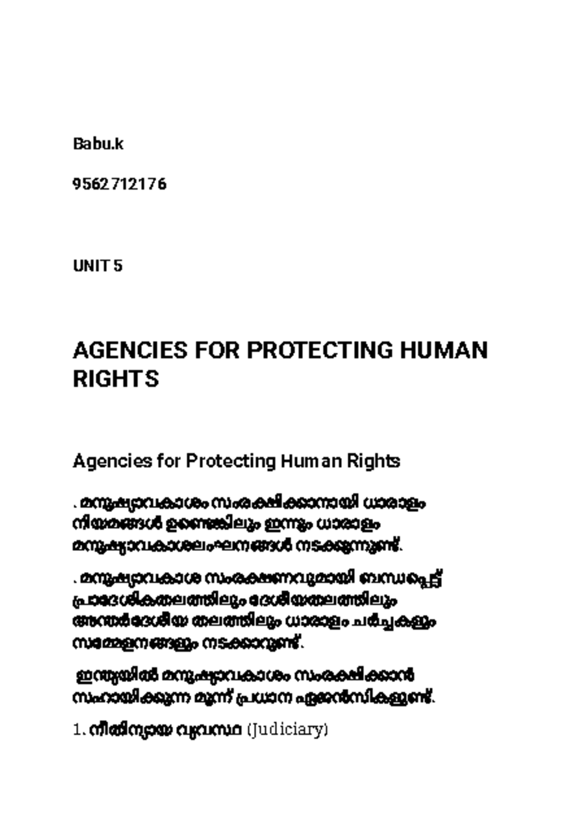 5th sem open course human rights unit - Babu 9562712176 UNIT 5 AGENCIES ...