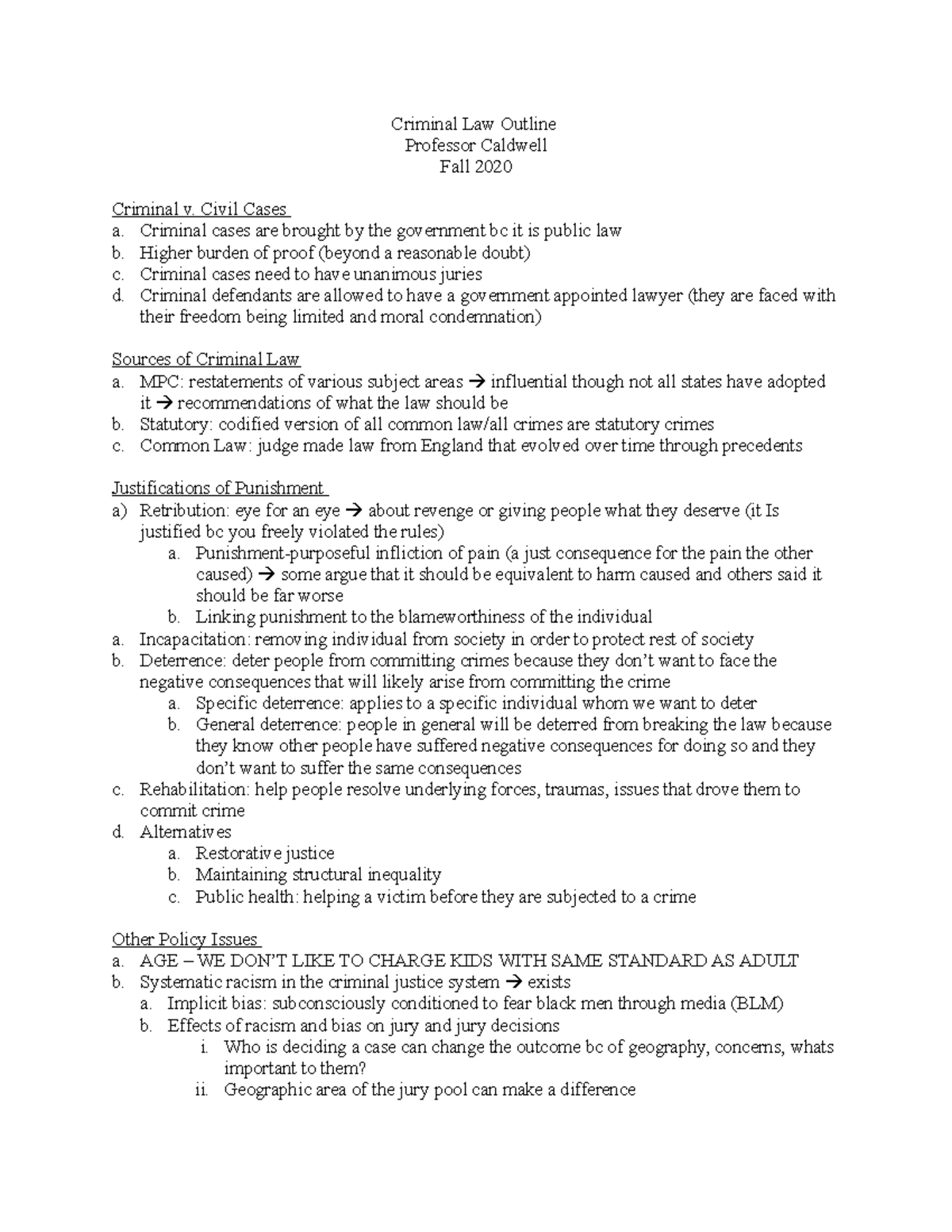 First Year Criminal Law Outline Fall 2020 - Criminal Law Outline ...