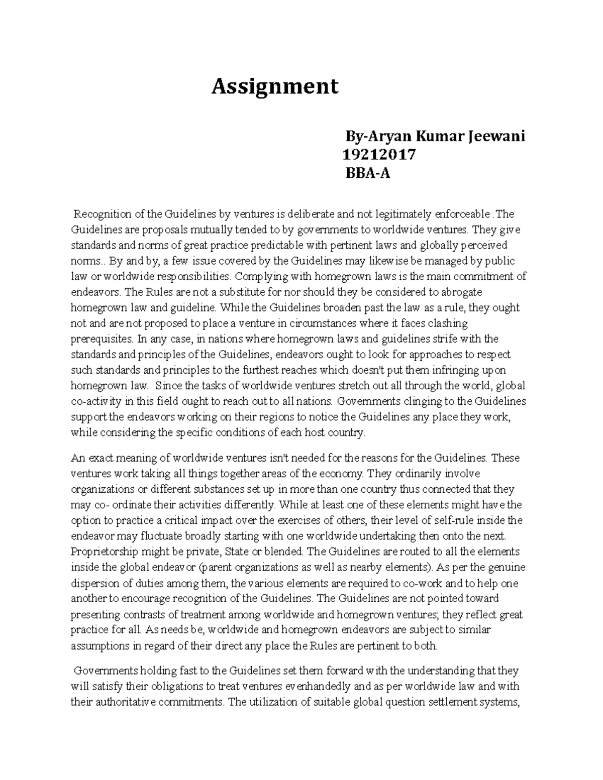 International Business CIA and Asynchronous sessions - Assignment By-Aryan Kumar Jeewani ...