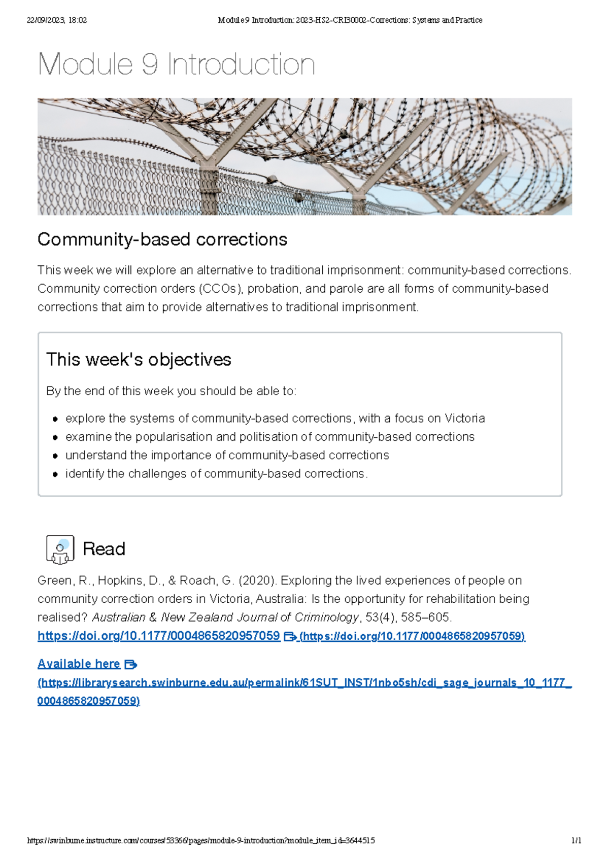 Module 9 Introduction 2023-HS2-CRI30002-Corrections Systems and Practice - - Studocu