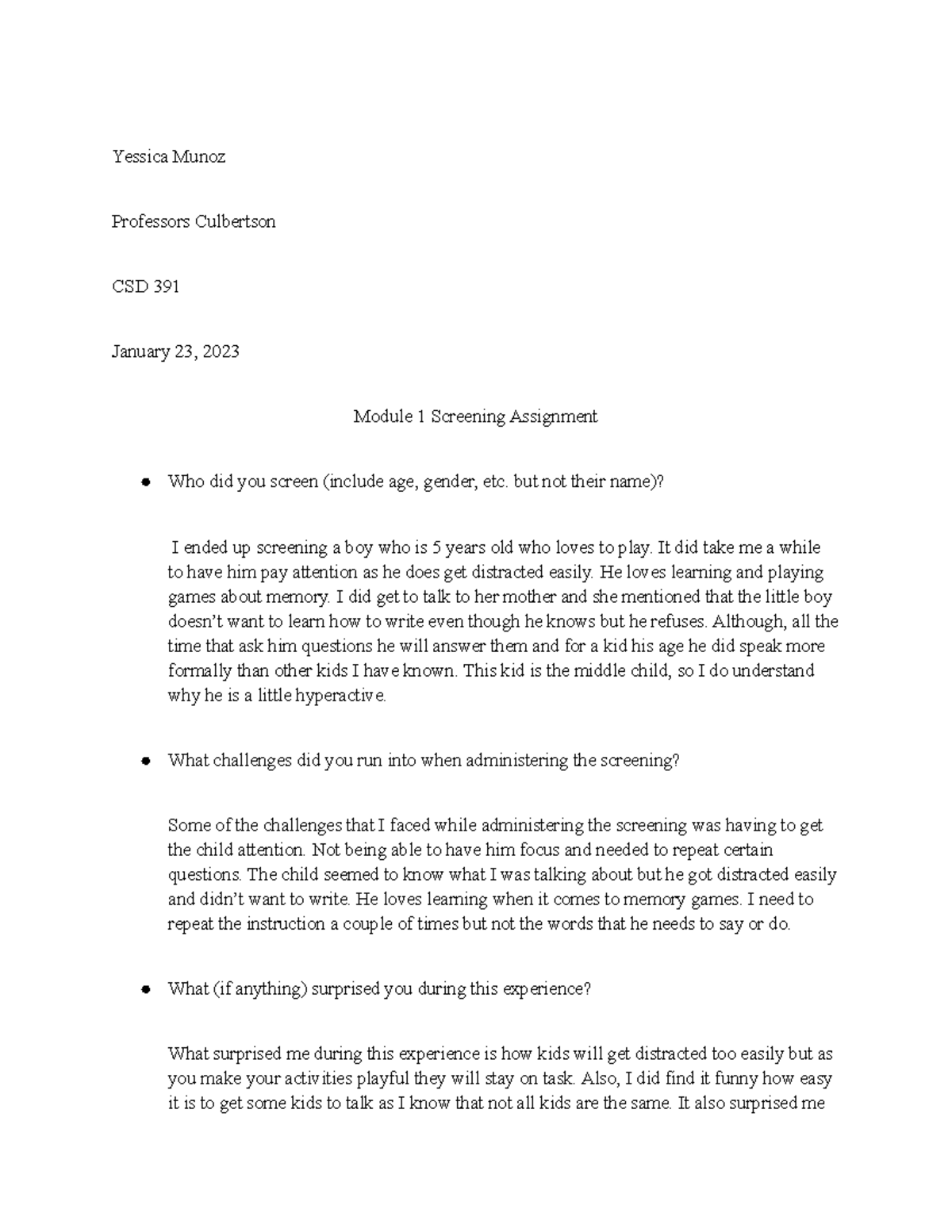 CSD391 Module 1 Screening Assignment - Yessica Munoz Professors ...