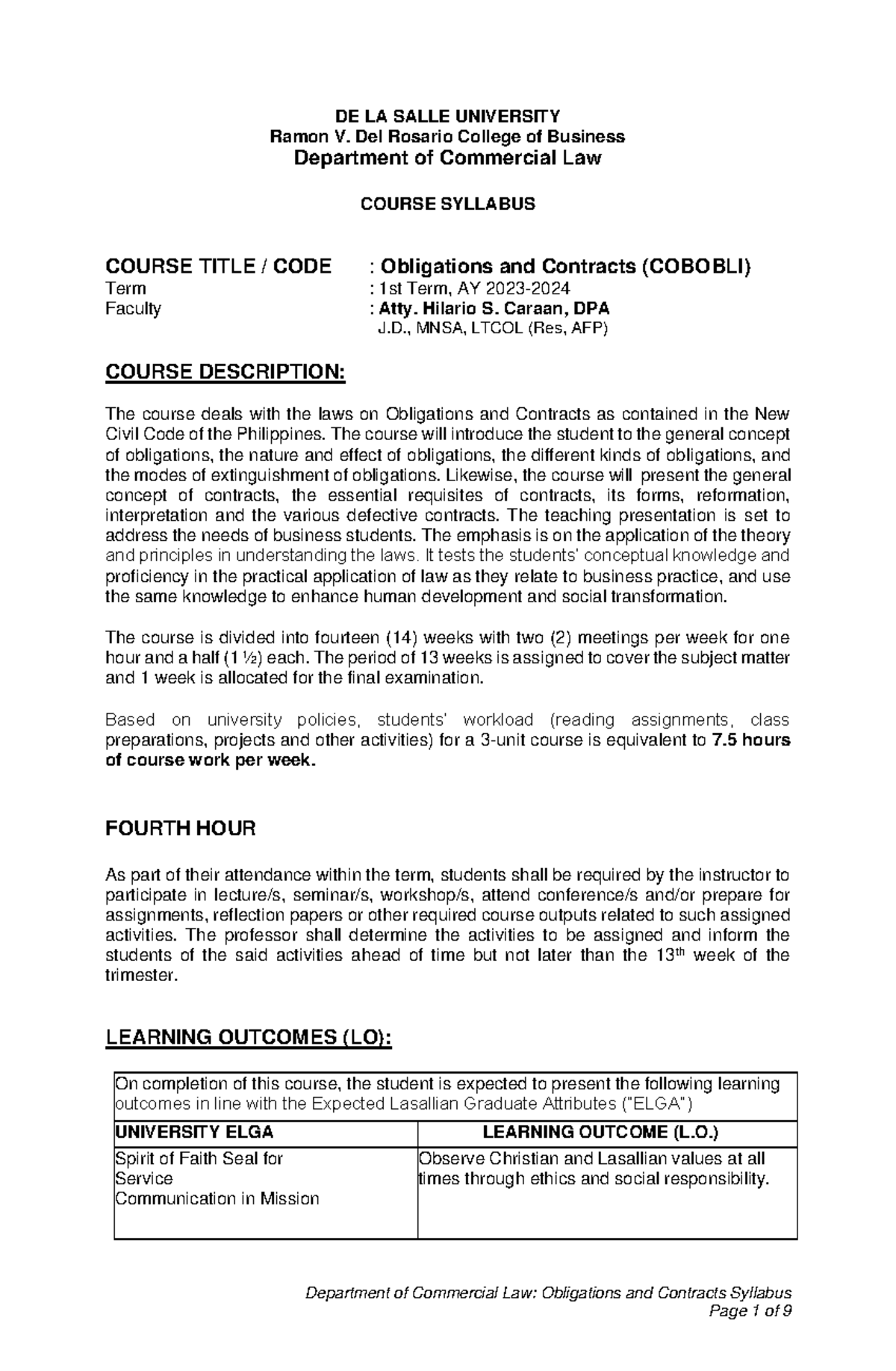 Syllabus - Department of Commercial Law: Obligations and Contracts ...