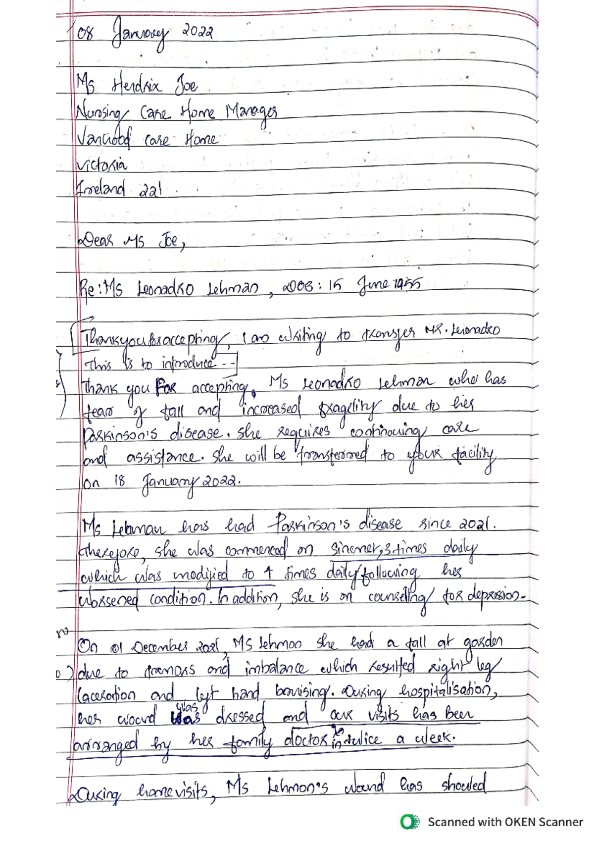 Leonadro Lehman OET Writing 2023 - Bachelor of Science in Nursing - Studocu