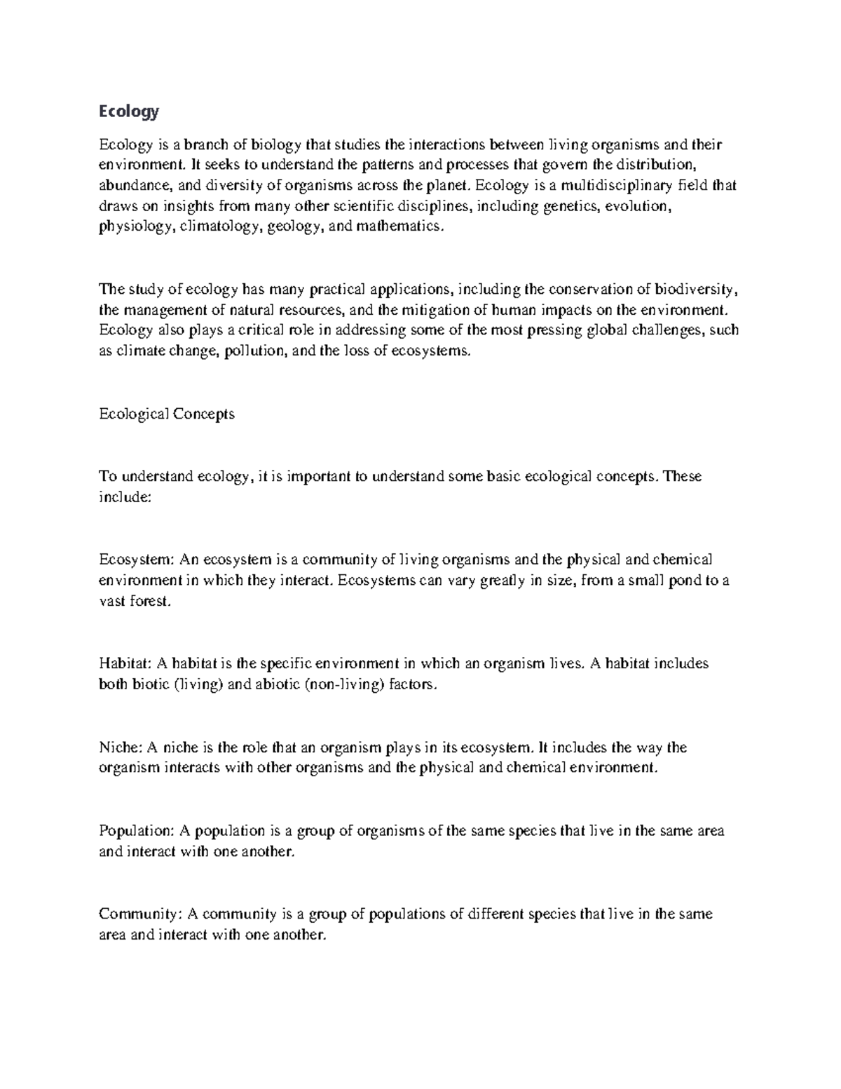 BIOL 201 - Ecology - BIOL201 - Lecture Notes - Ecology Ecology is a ...