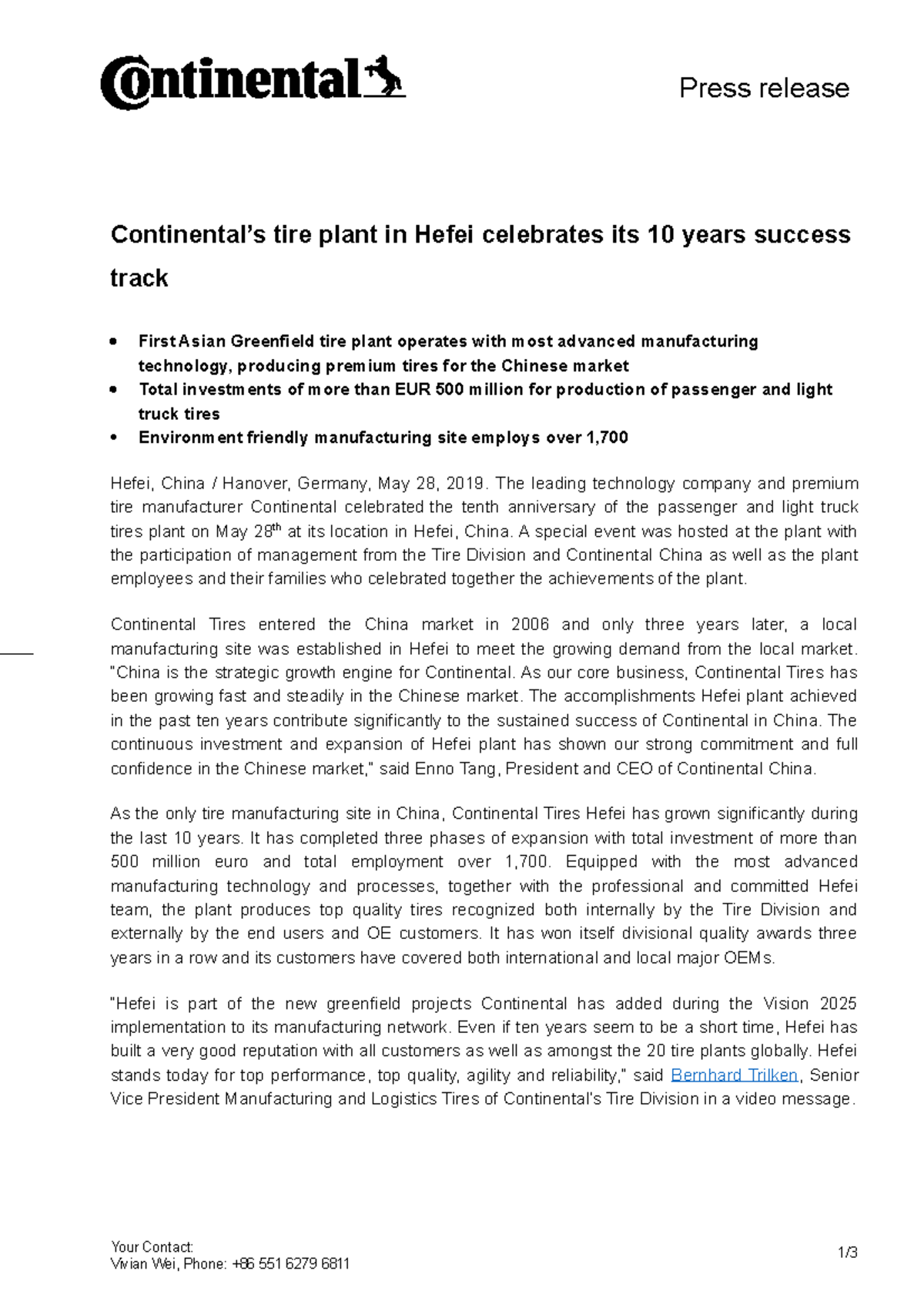190528 final pr continental hefei 10 years data - Press release 1 ...