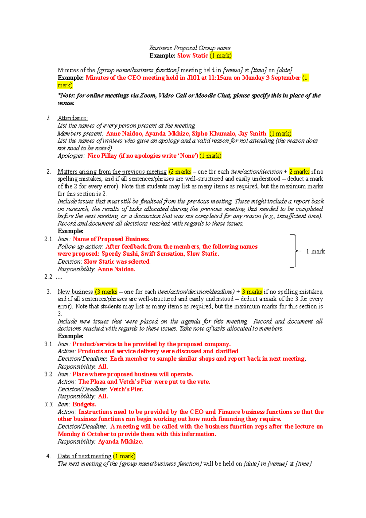 Marking rubric Minutes - Business Proposal Group name Example: Slow ...