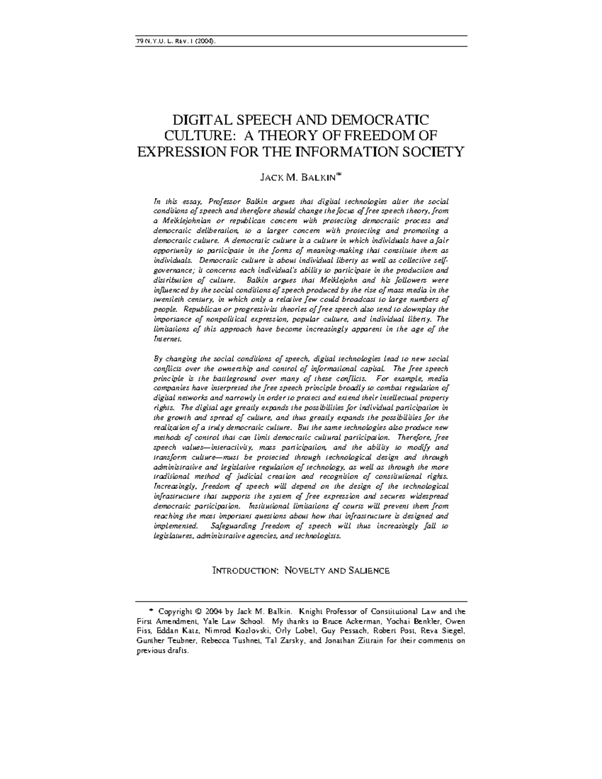 Digital Speech and Democratic Culture A Theory of Freedom of Exp - 79 N ...