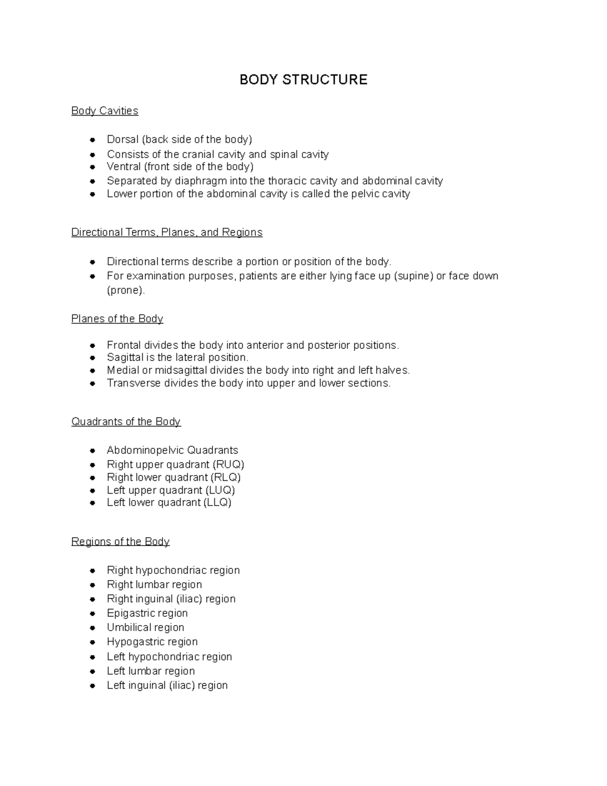Medical Terminology II Notes 28 BODY STRUCTURE Body Cavities Dorsal