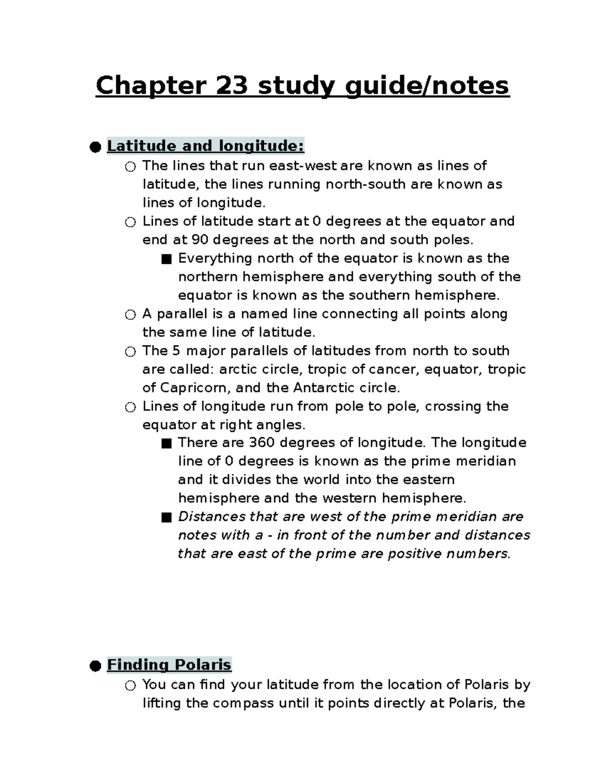 Chapter 23 notes - Chapter 23 study guide/notes Latitude and longitude ...