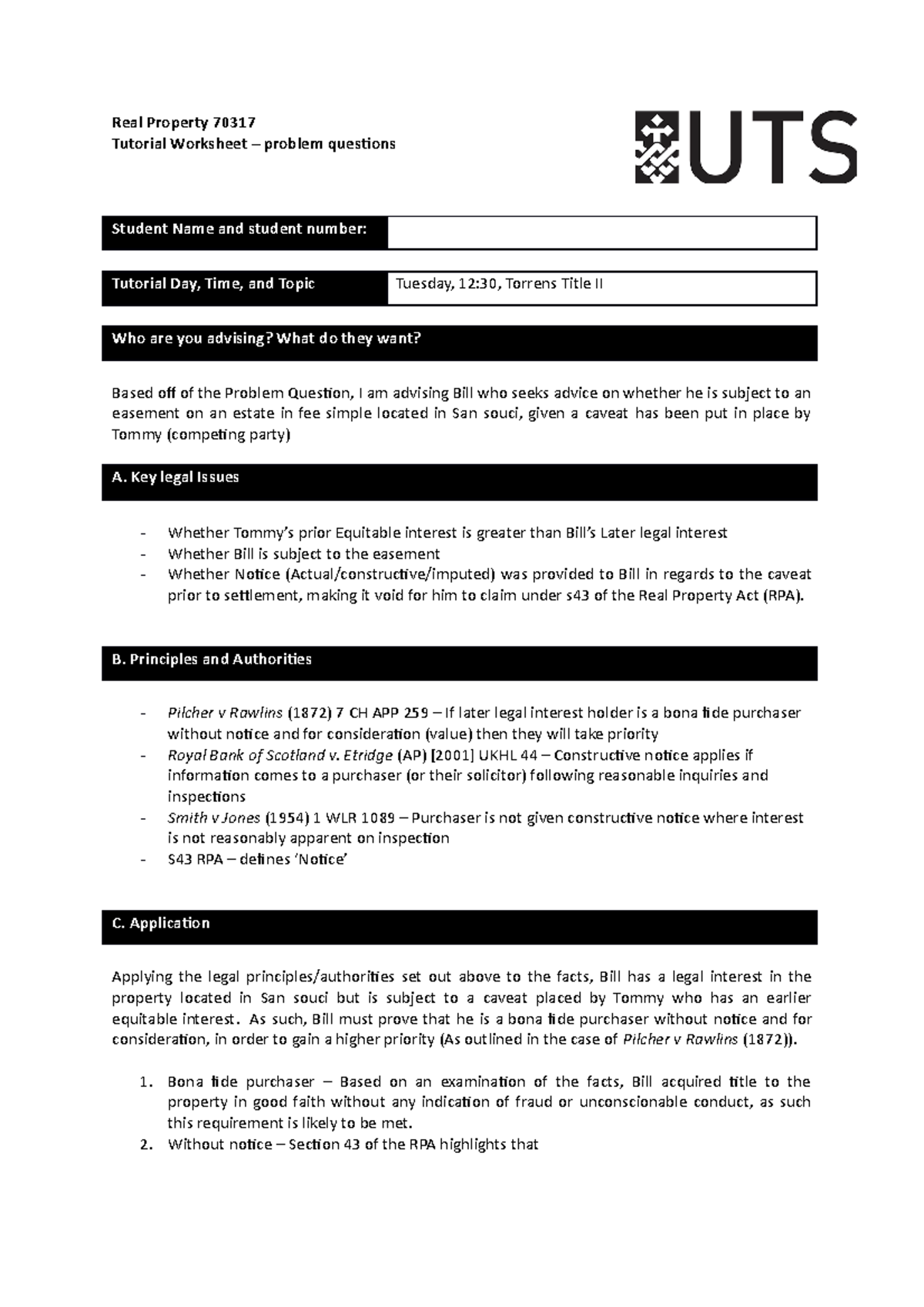 Tutorial 2 - Torrens title II - Real Property 70317 Tutorial Worksheet ...
