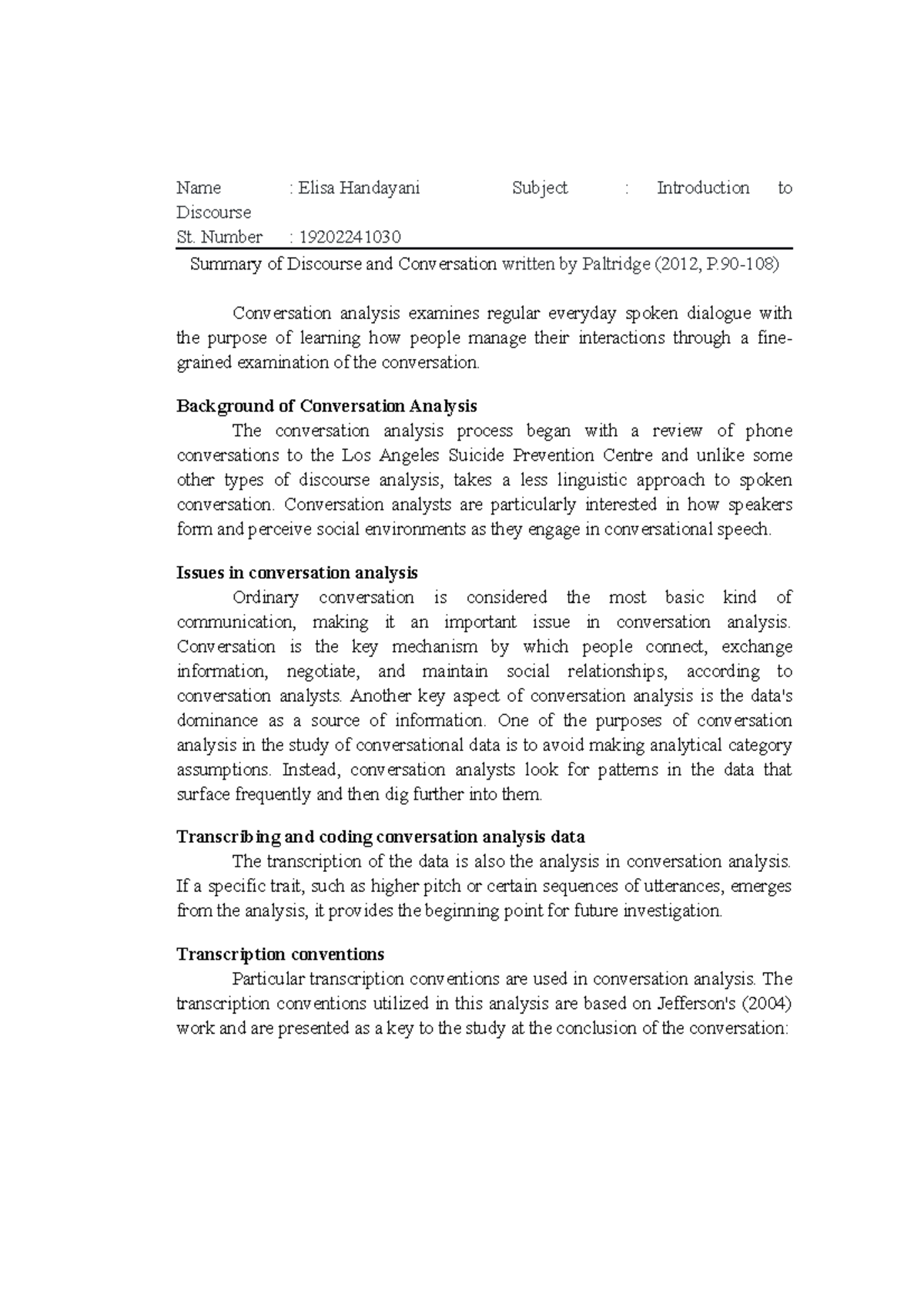 19202241030 Conversation Analysis Elisa Handayani Name Elisa Handayani Subject