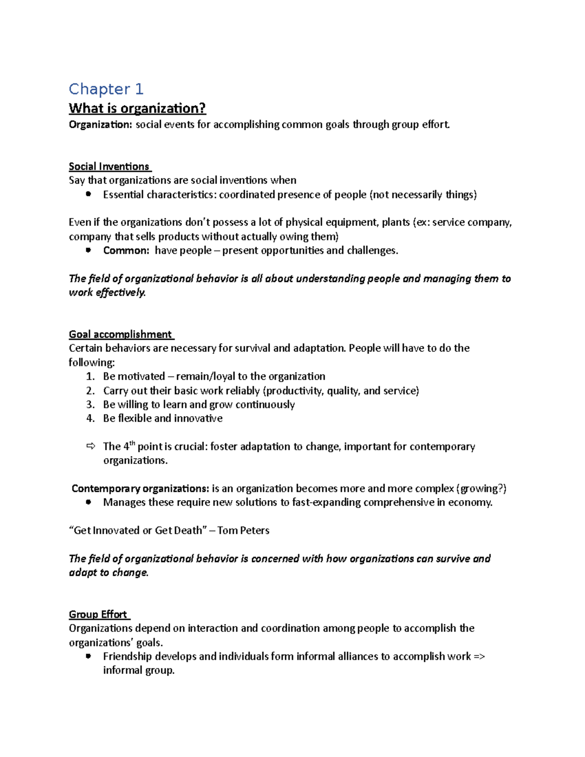 BU288 Textbook - Chapter 1 summary - Chapter 1 What is organization ...