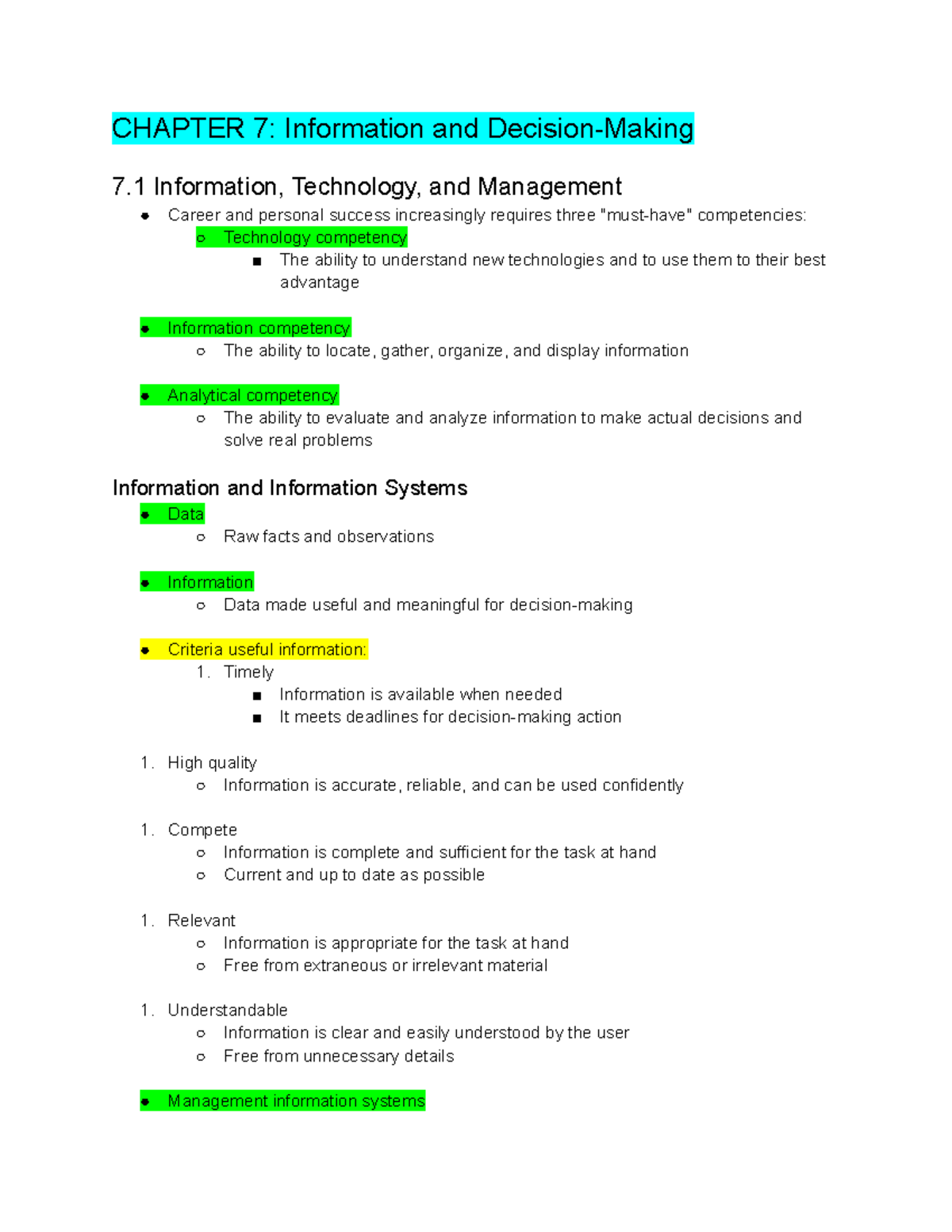 GMS Chapter 7 - Lecture notes 2 - CHAPTER 7: Information and Decision ...