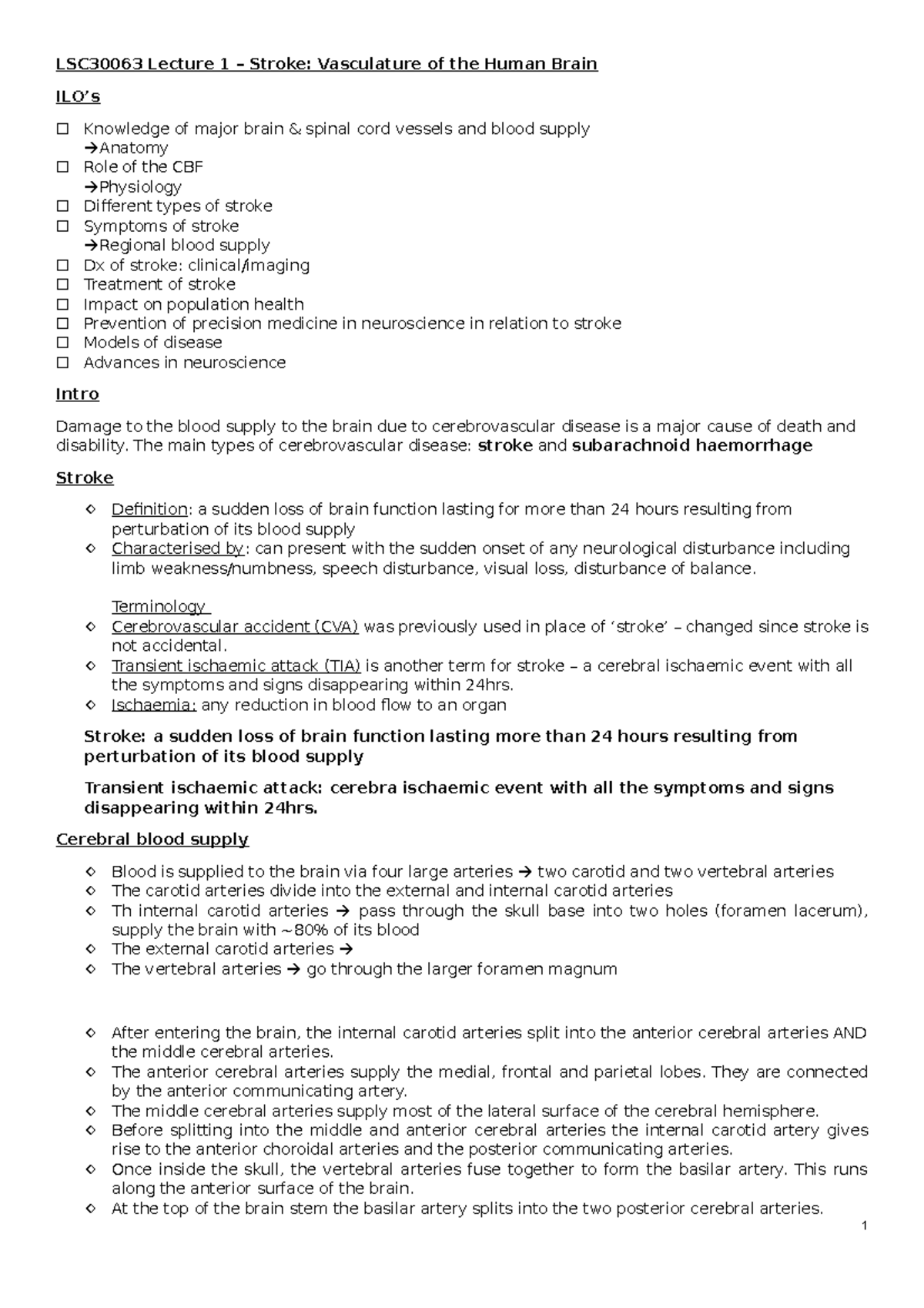 1 - Stroke - LSC30063 Lecture 1 – Stroke: Vasculature of the Human ...