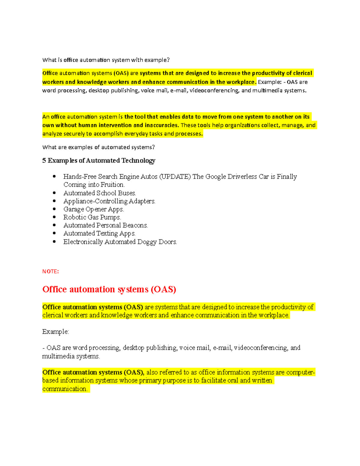 Office automation system - Example: - OAS are word processing, desktop ...