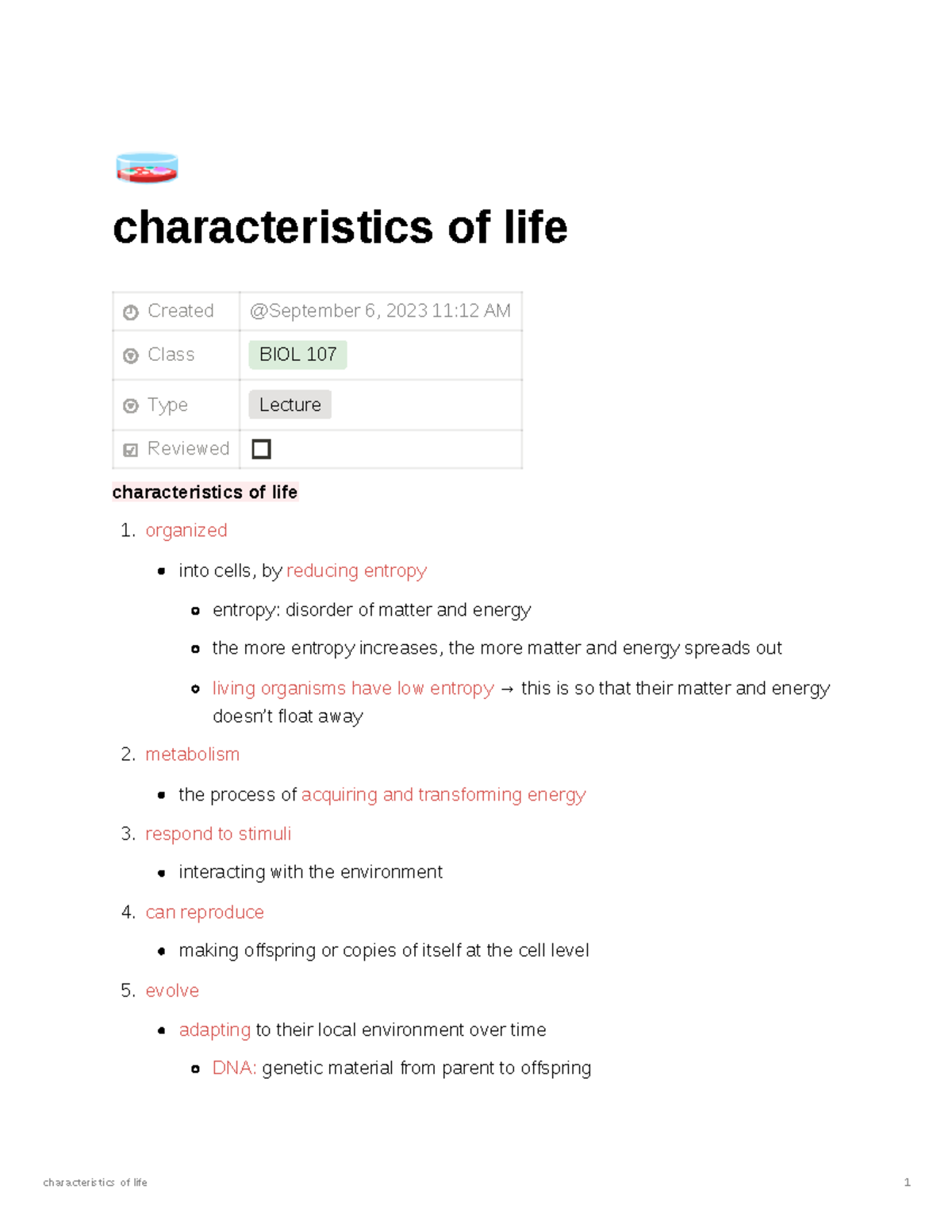 Characteristics of life - 🧫 characteristics of life Created Class BIOL ...