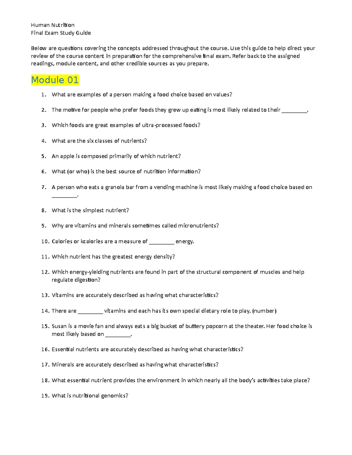 Nutrition Final Exam Study Guide - Below are questions covering the ...