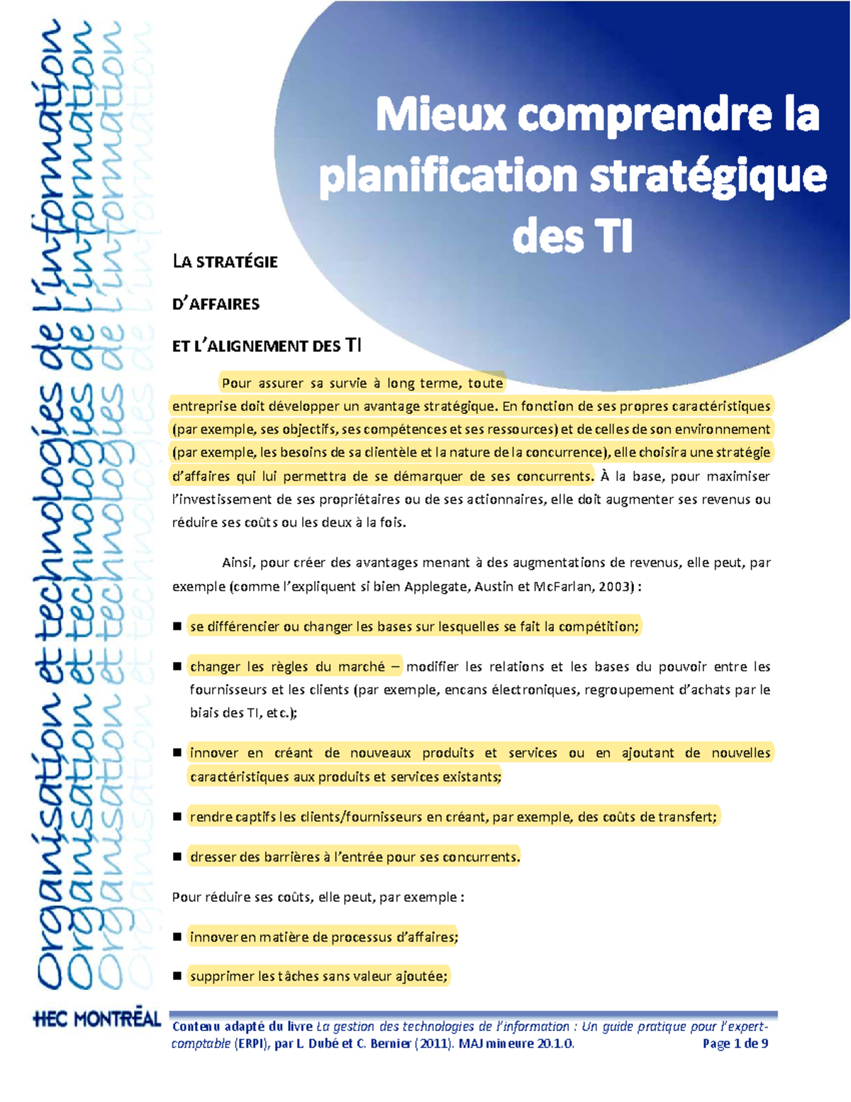 OTI - S2 - Mieux comprendre la planification stratégique des TI - version 20 - Contenu adapté du ...