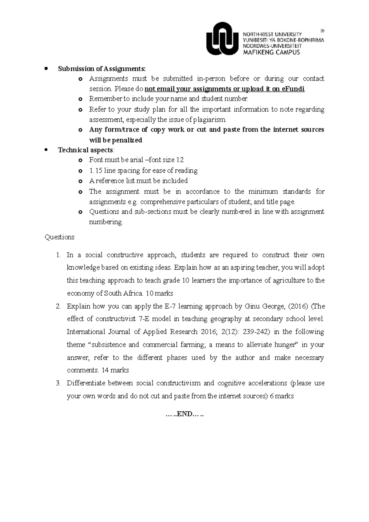 GEOE 212 assignment 1 - Submission of Assignments: o Assignments must be submitted in-person ...