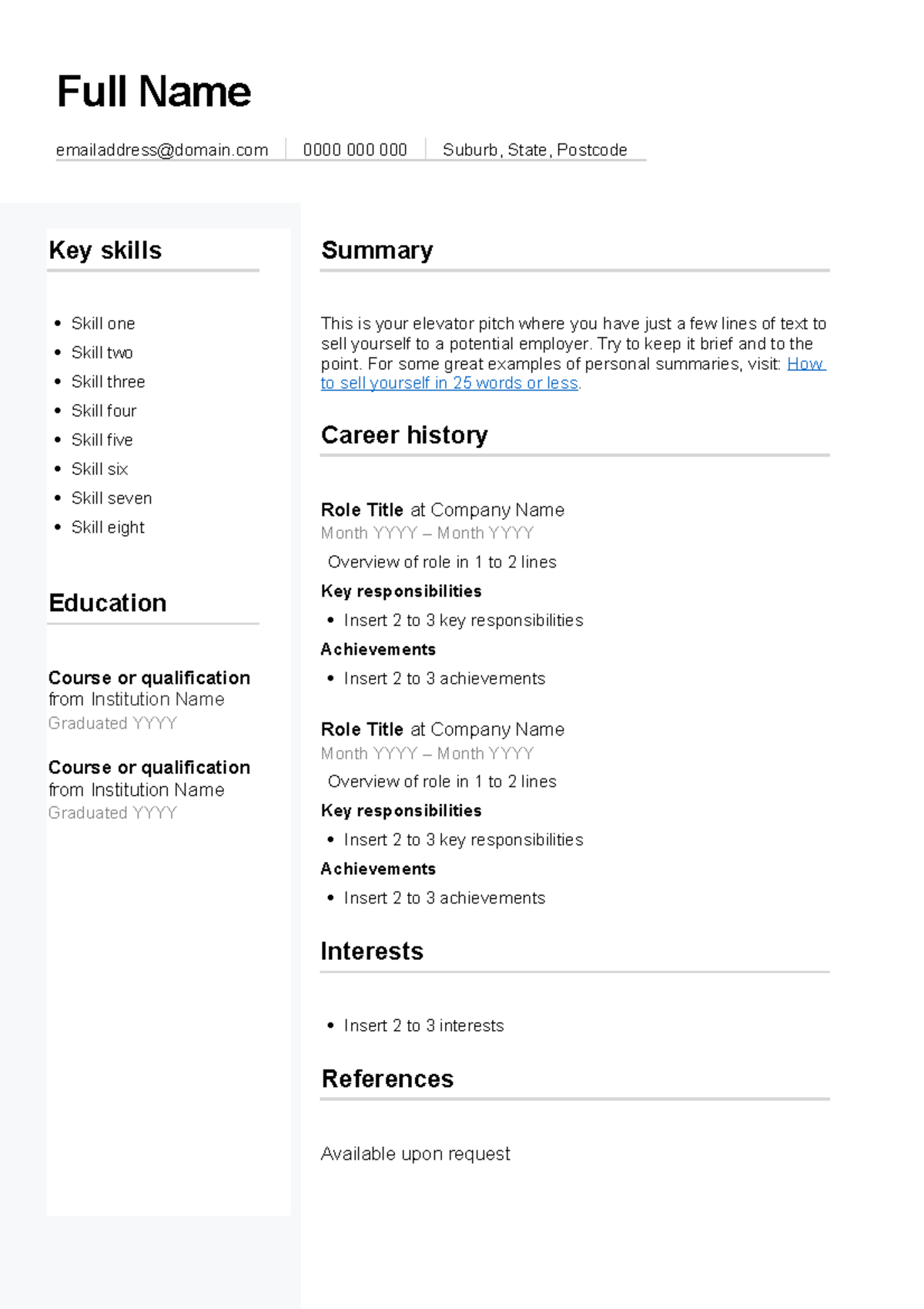 SEEK resume template 3 - Full Name emailaddress@domain 0000 000 000 ...