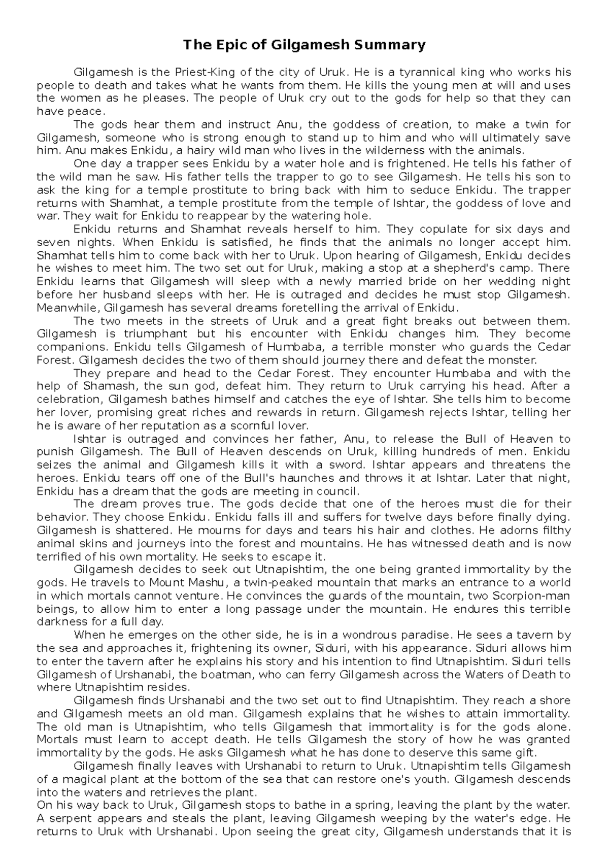 The Epic of Gilgamesh Summary - The Epic of Gilgamesh Summary Gilgamesh ...