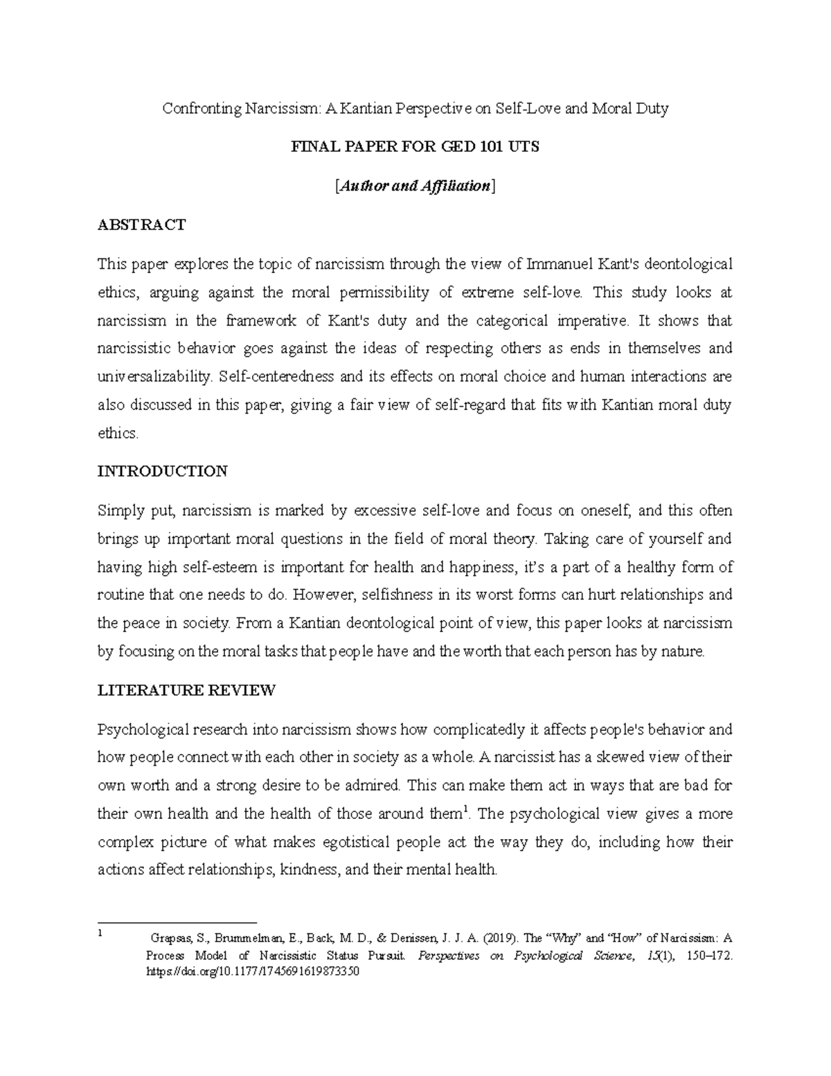 GED-101-UTS - FINAL PAPER FOR GED 101 UTS - Confronting Narcissism: A ...