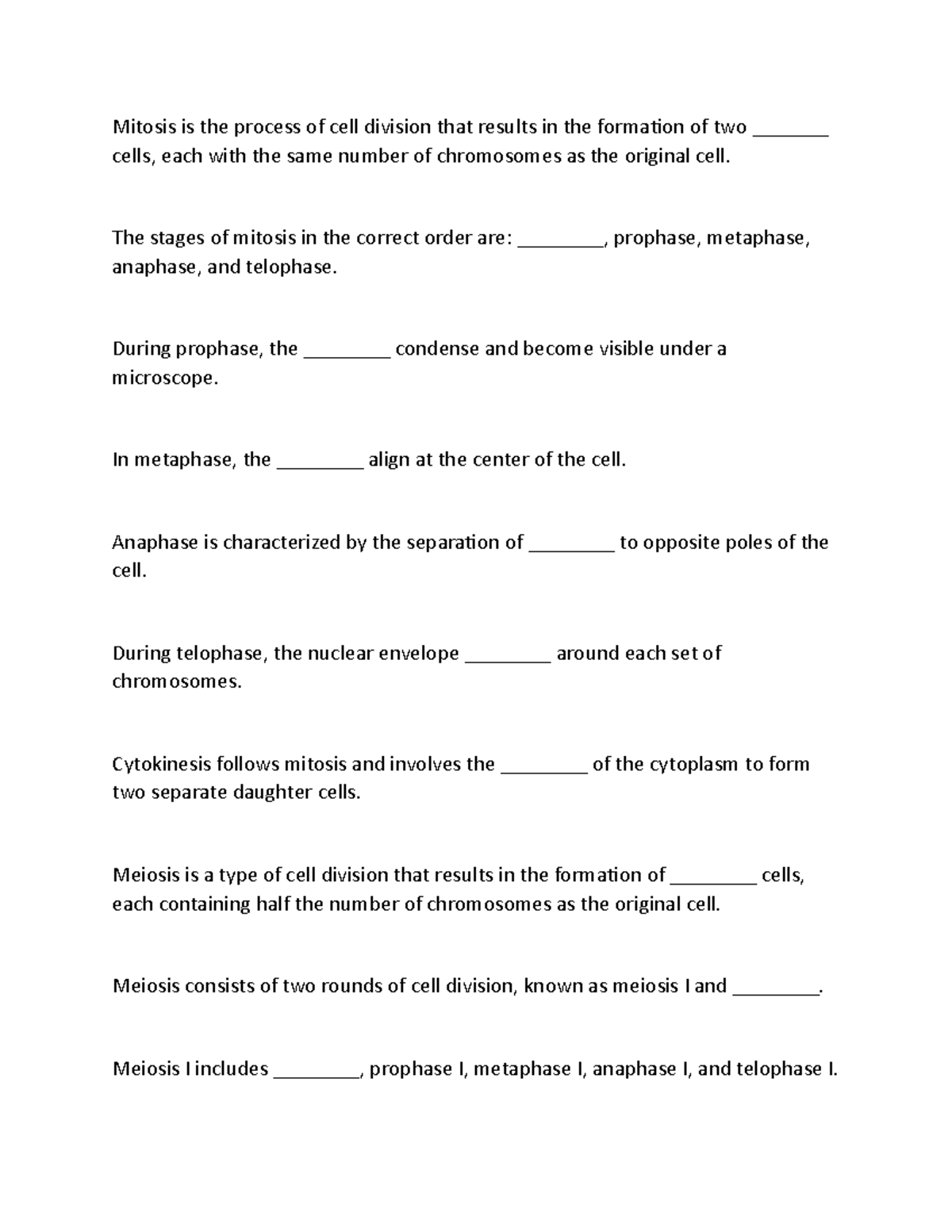 Mitosis and Meiosis - Fill-in-the-blank activity - Mitosis is the ...