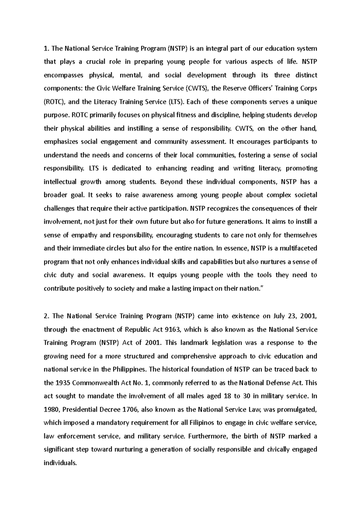 NSTP - The National Service Training Program (NSTP) is an integral part ...