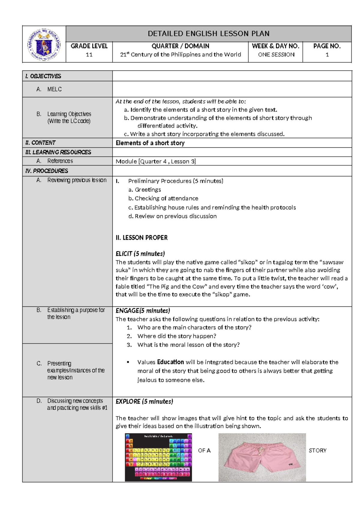 Detailed English Lesson PLAN Final COT 1 - DETAILED ENGLISH LESSON PLAN ...