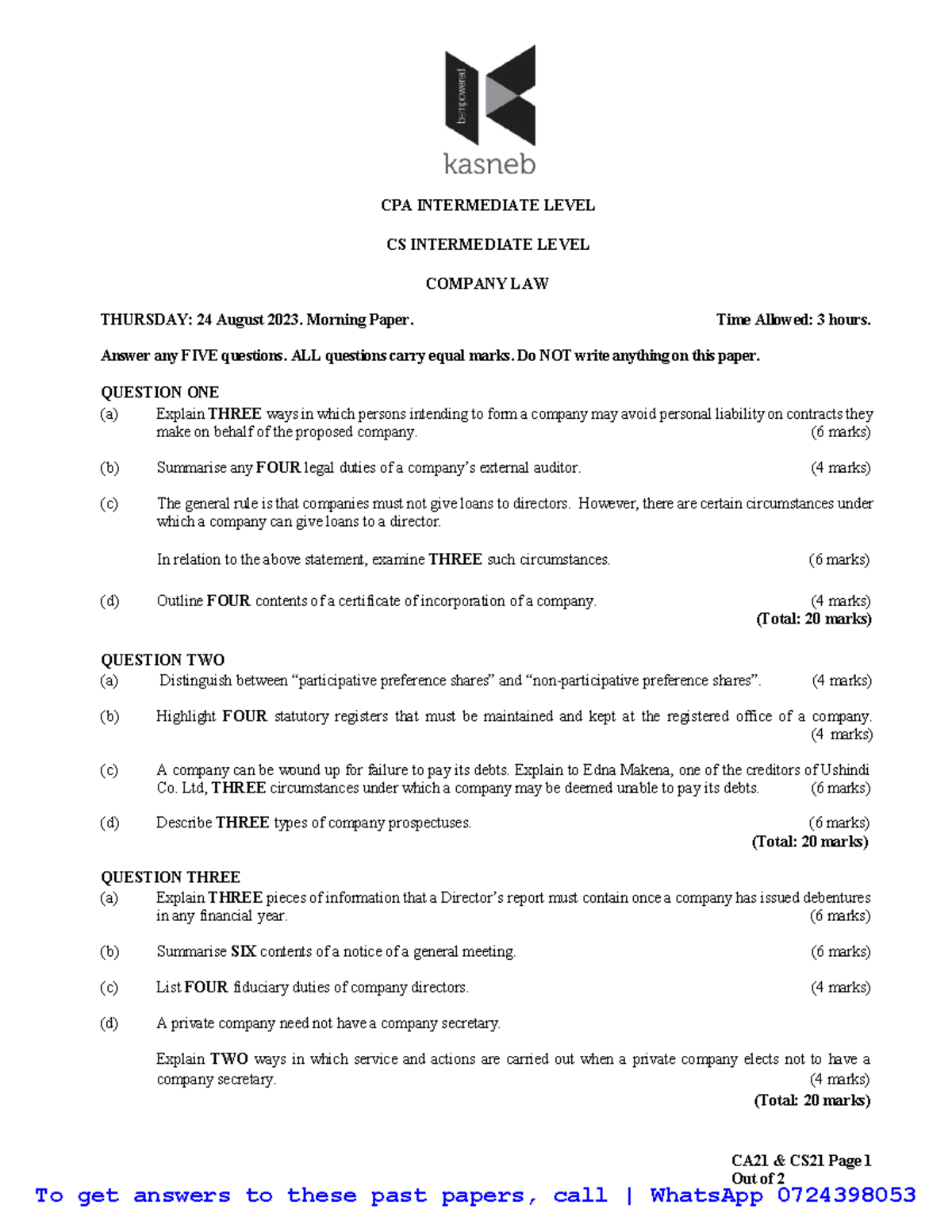 CL 2015 - Aug 2023 Past Papers - CA21 & CS21 Page 1 Out of 2 CPA ...