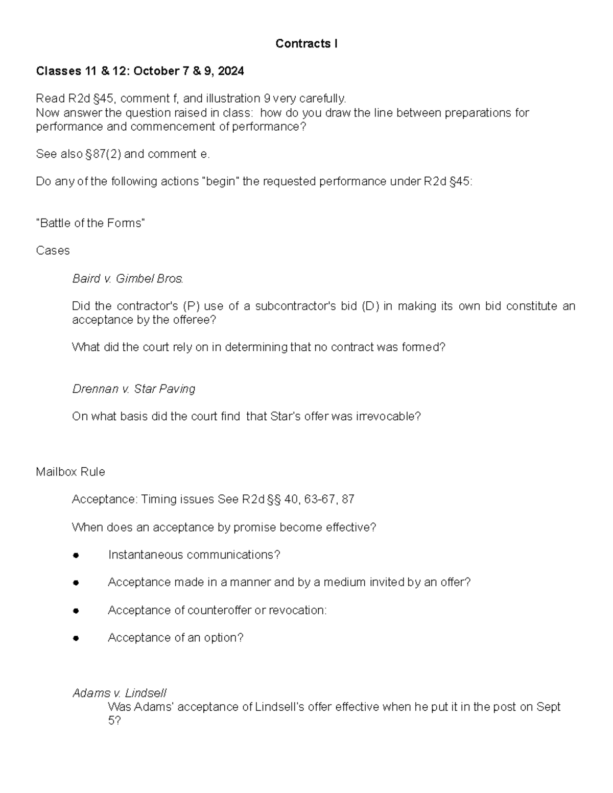 Class outline for Classes 11 & 12 - Contracts I Classes 11 & 12 ...