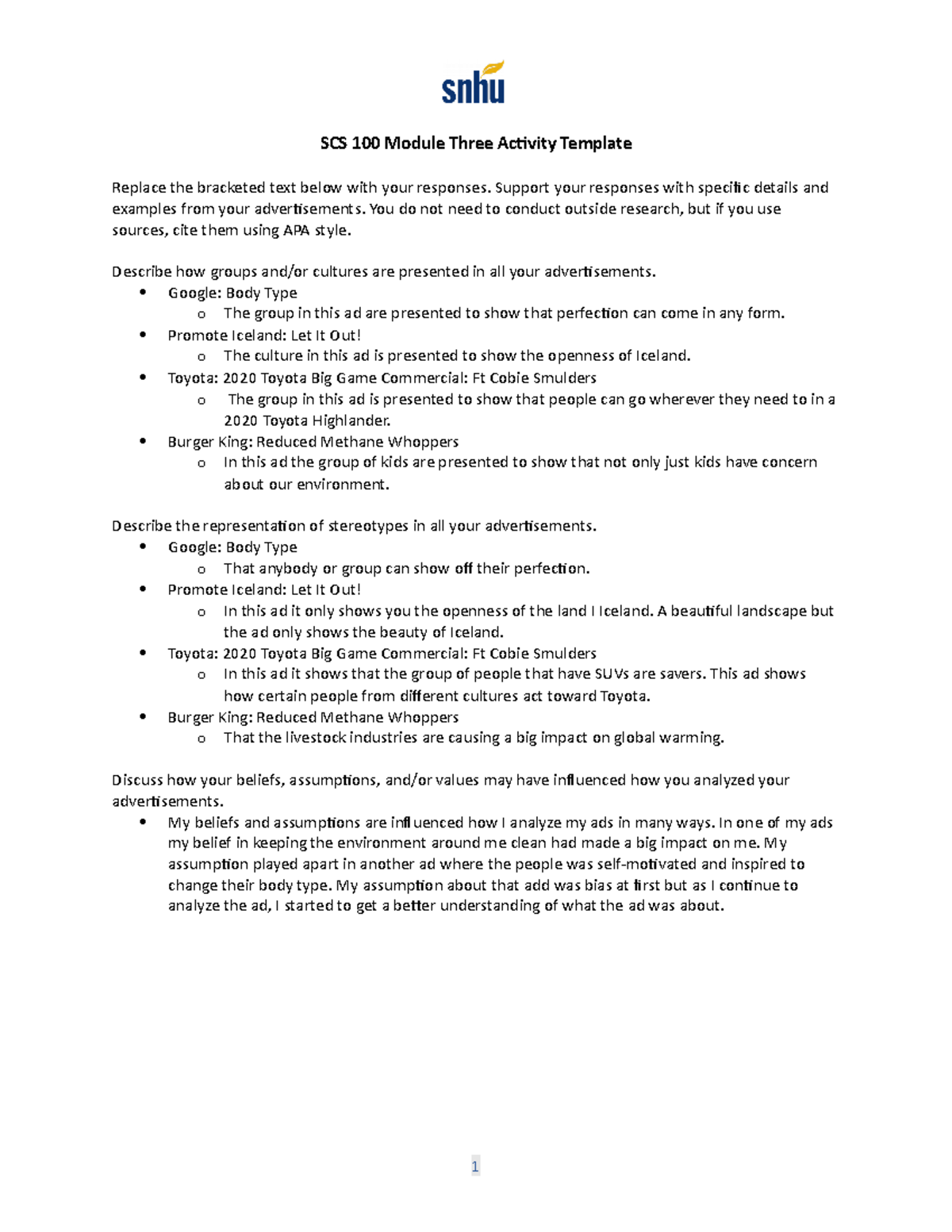 SCS 100 Module Three Activity - Support your responses with specific ...