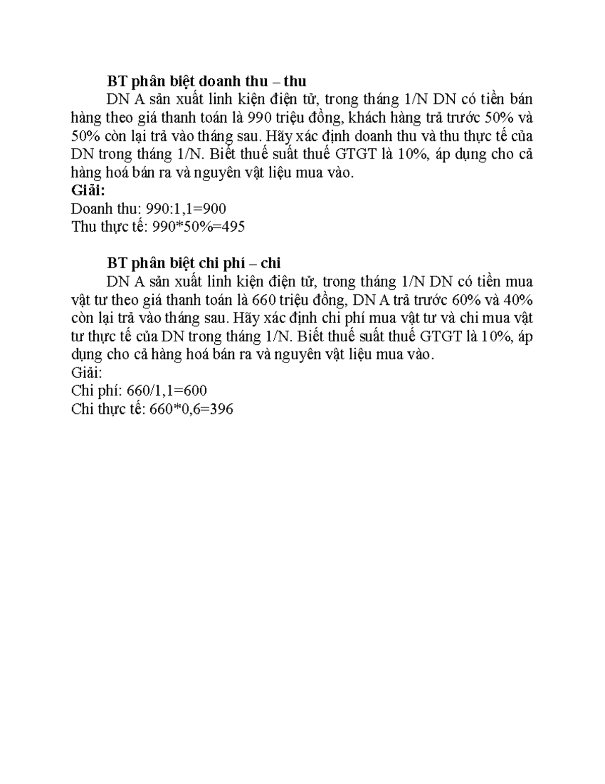 BT thue - bài tập - BT phân biệt doanh thu – thu DN A sản xuất linh kiện điện tử, trong tháng 1 ...