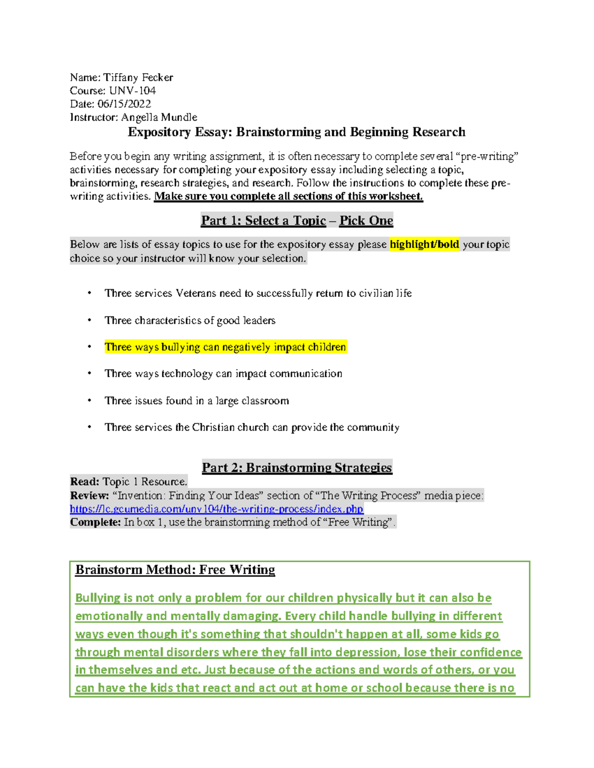 UNV-104 T1 Brainstorming and Beginning Research Worksheet - Name ...