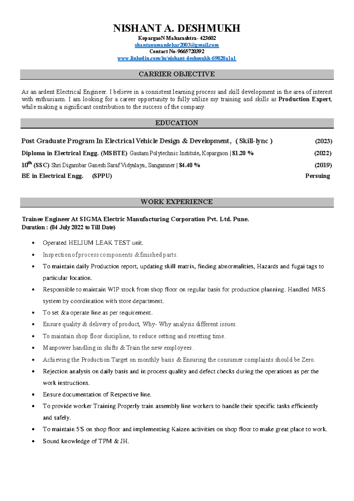 Nishant production CV - Copy - NISHANT A. DESHMUKH KopargaoN ...