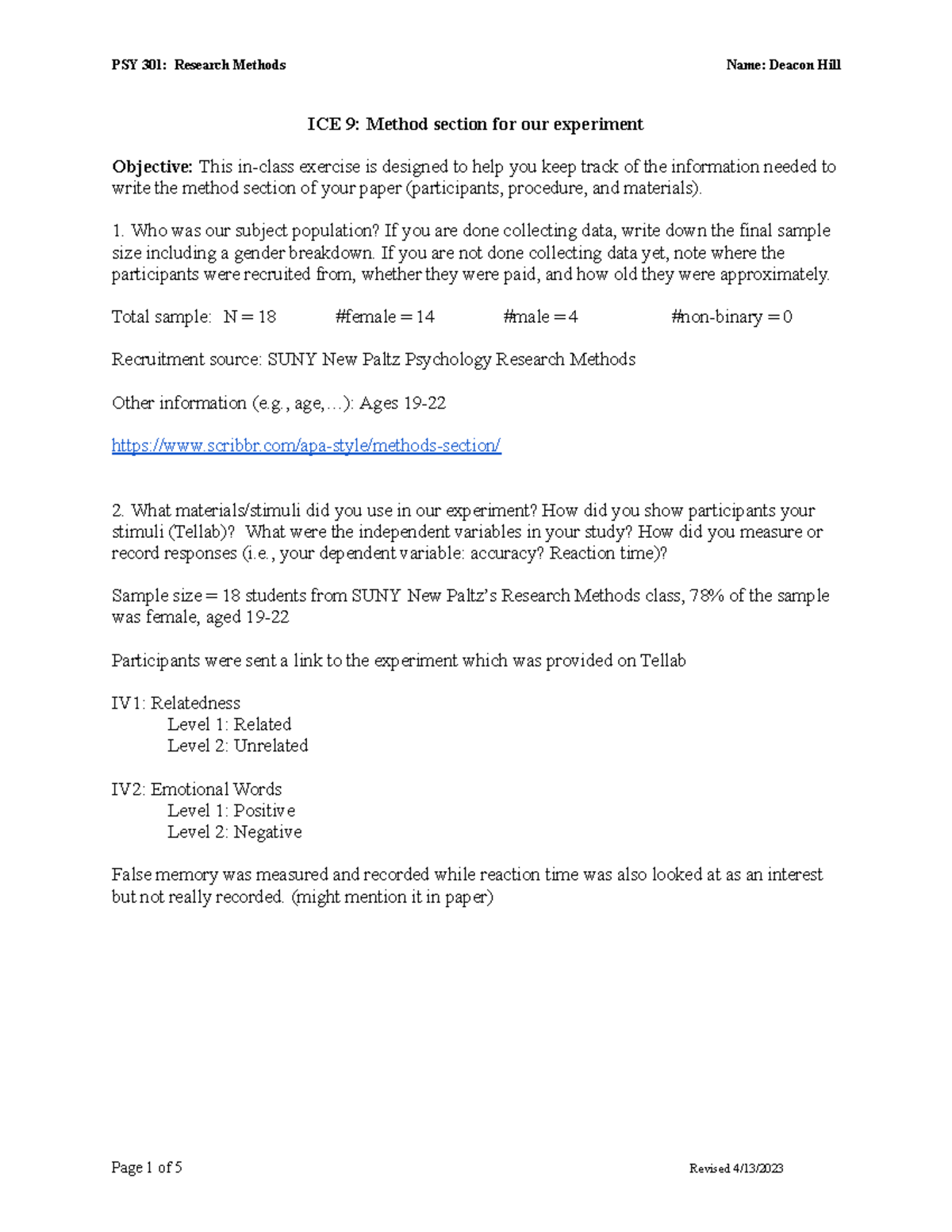 PSY301-Research Methods ICE 9 - ICE 9: Method section for our ...
