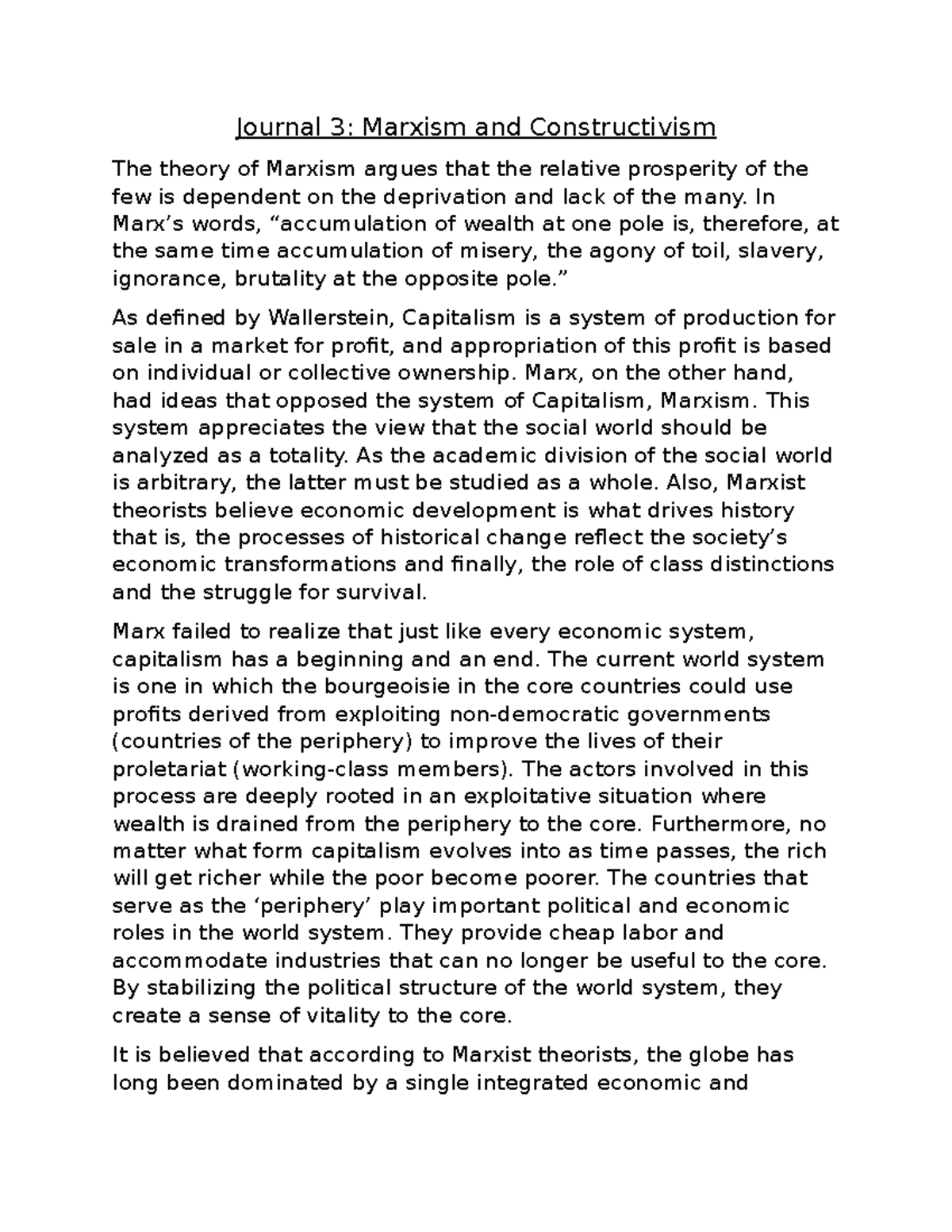 IR 3 - Journal 3 - Journal 3: Marxism and Constructivism The theory of ...