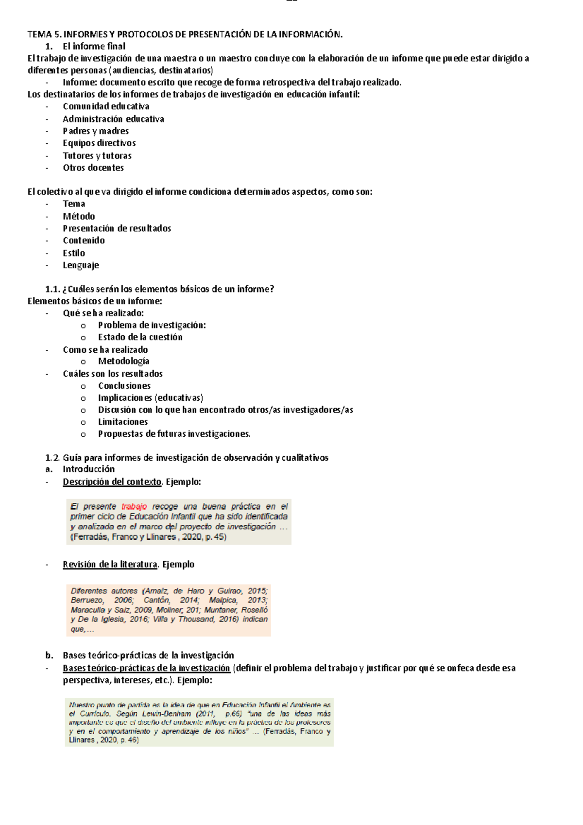 Tema5. Observación - lOMoAR cPSD| 10008394 TEMA 5. INFORMES Y PROTOCOLOS DE PRESENTACI”N DE LA ...