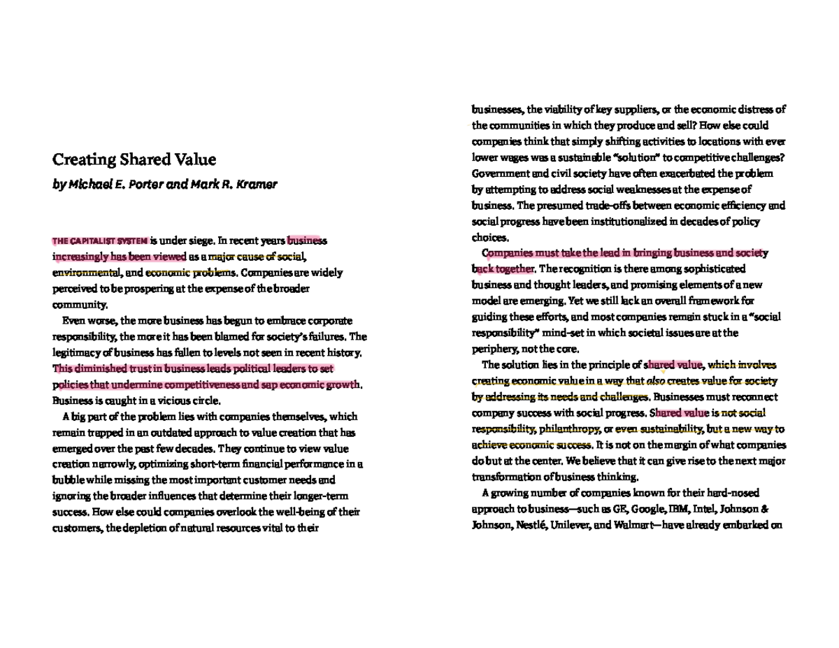 Creating Shared Value- Porter - Creating Shared Value by Michael E ...