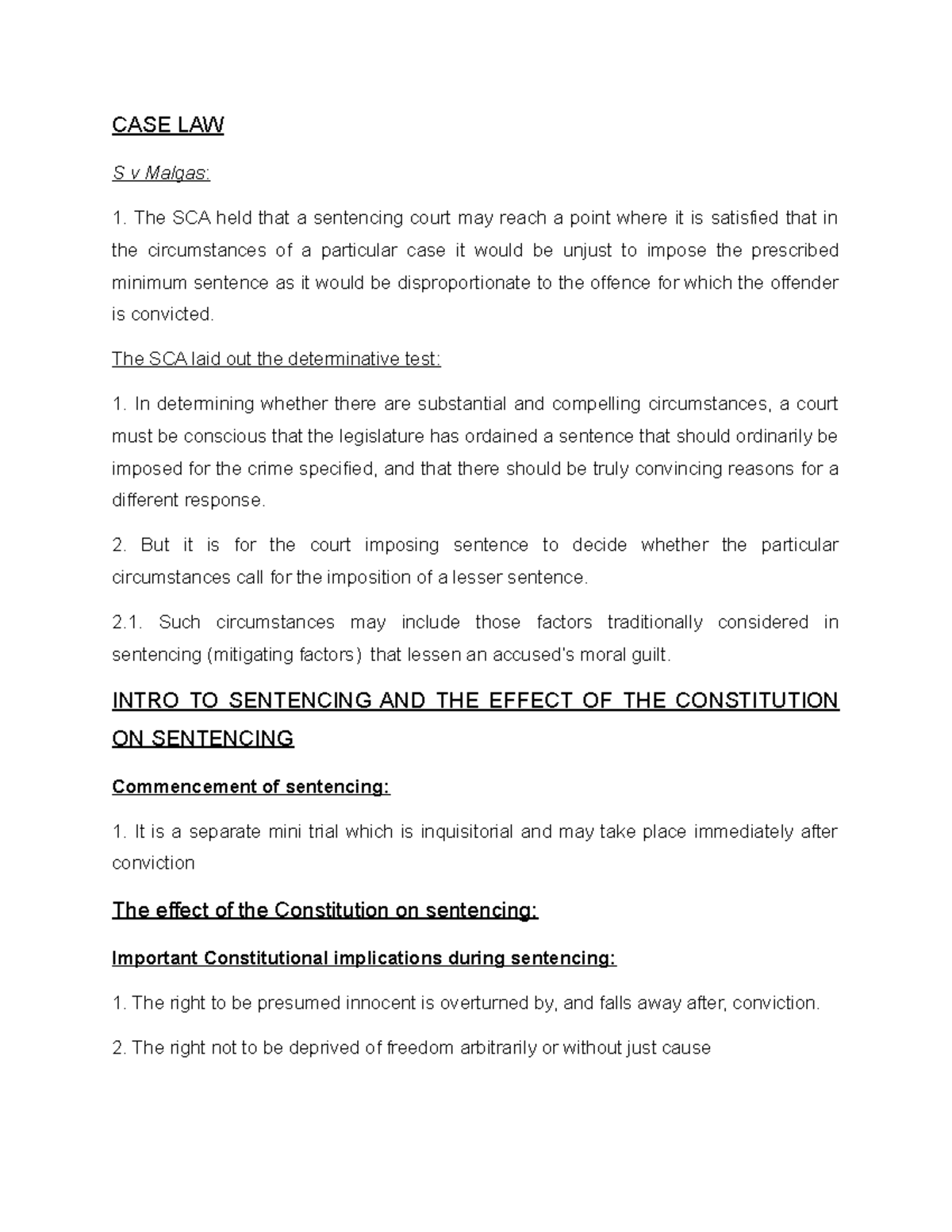 Unit 10 Sentencing Procedures - CASE LAW S v Malgas: 1. The SCA held ...