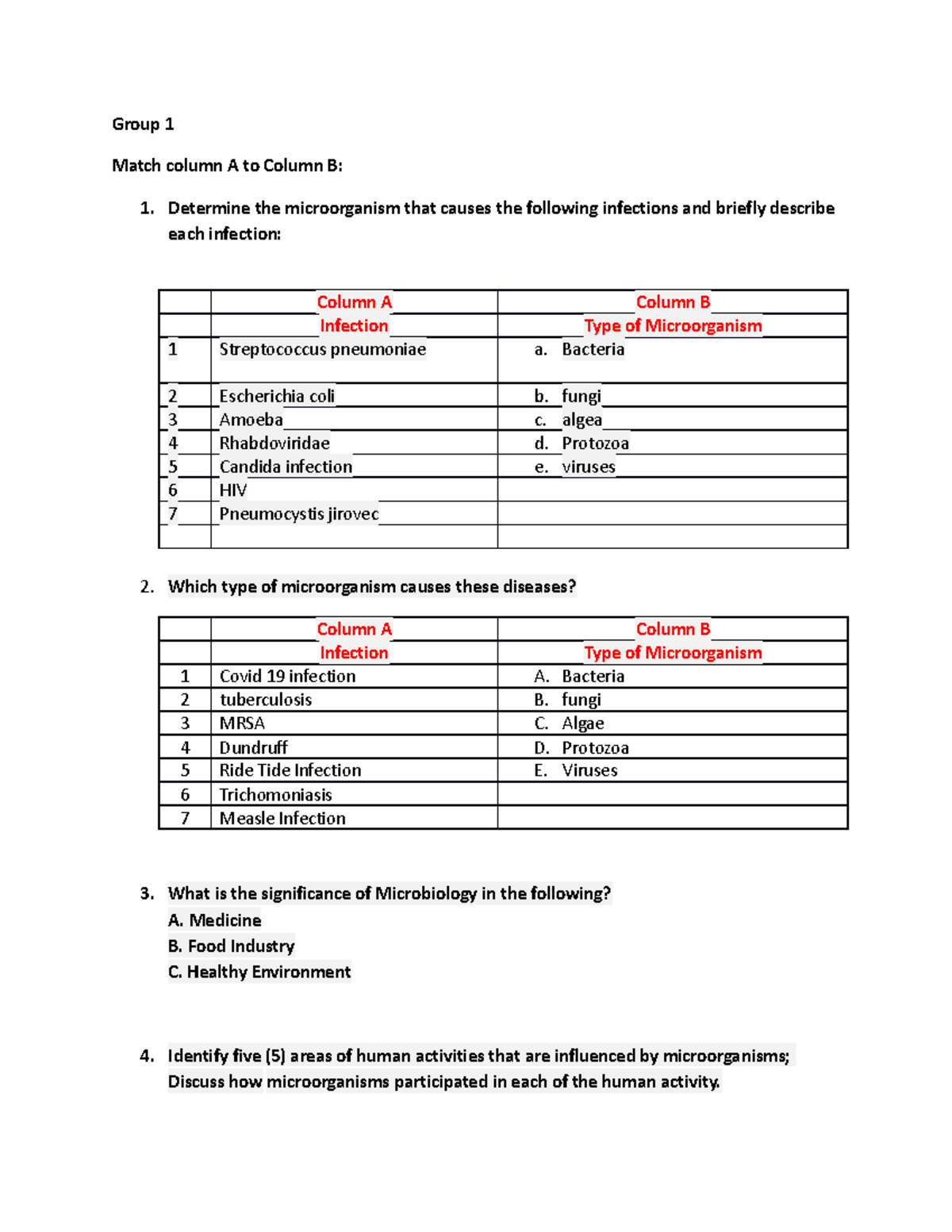 Group 1 - MICP 211 ACT SHEET - Group 1 Match column A to Column B: 1. Determine the ...