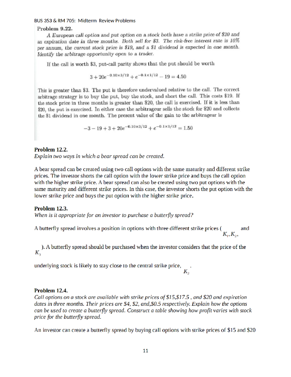 BUS 353 & RM 705 Midterm Review Problems 11 - Humanities Social Sciences - Studocu