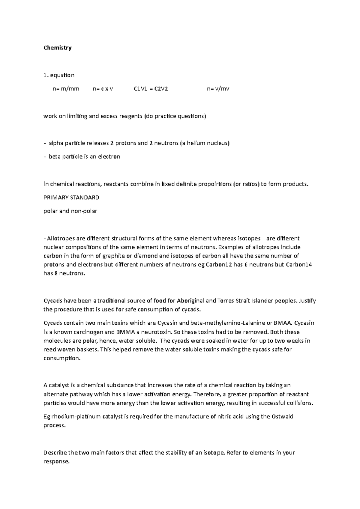 Chemistry Sticky Notes - Chemistry equation n= m/mm n= c x v C1V1 ...