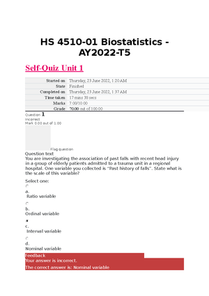 HS4510 Graded Quiz Unit 3 - Started on Friday, 22 April 2022, 7:26 PM State Finished Completed ...