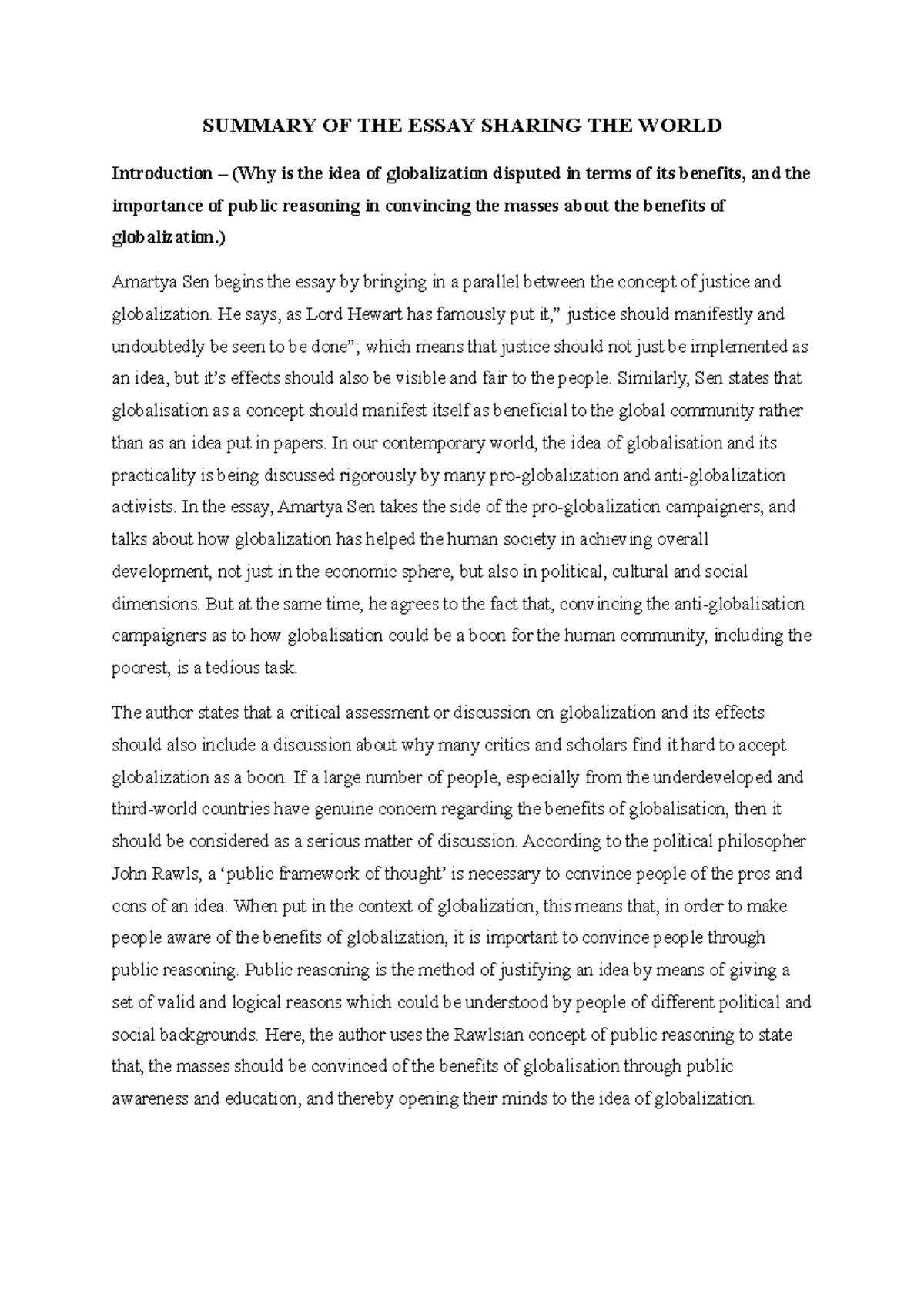 Summary OF THE Essay Sharing THE World - SUMMARY OF THE ESSAY SHARING ...